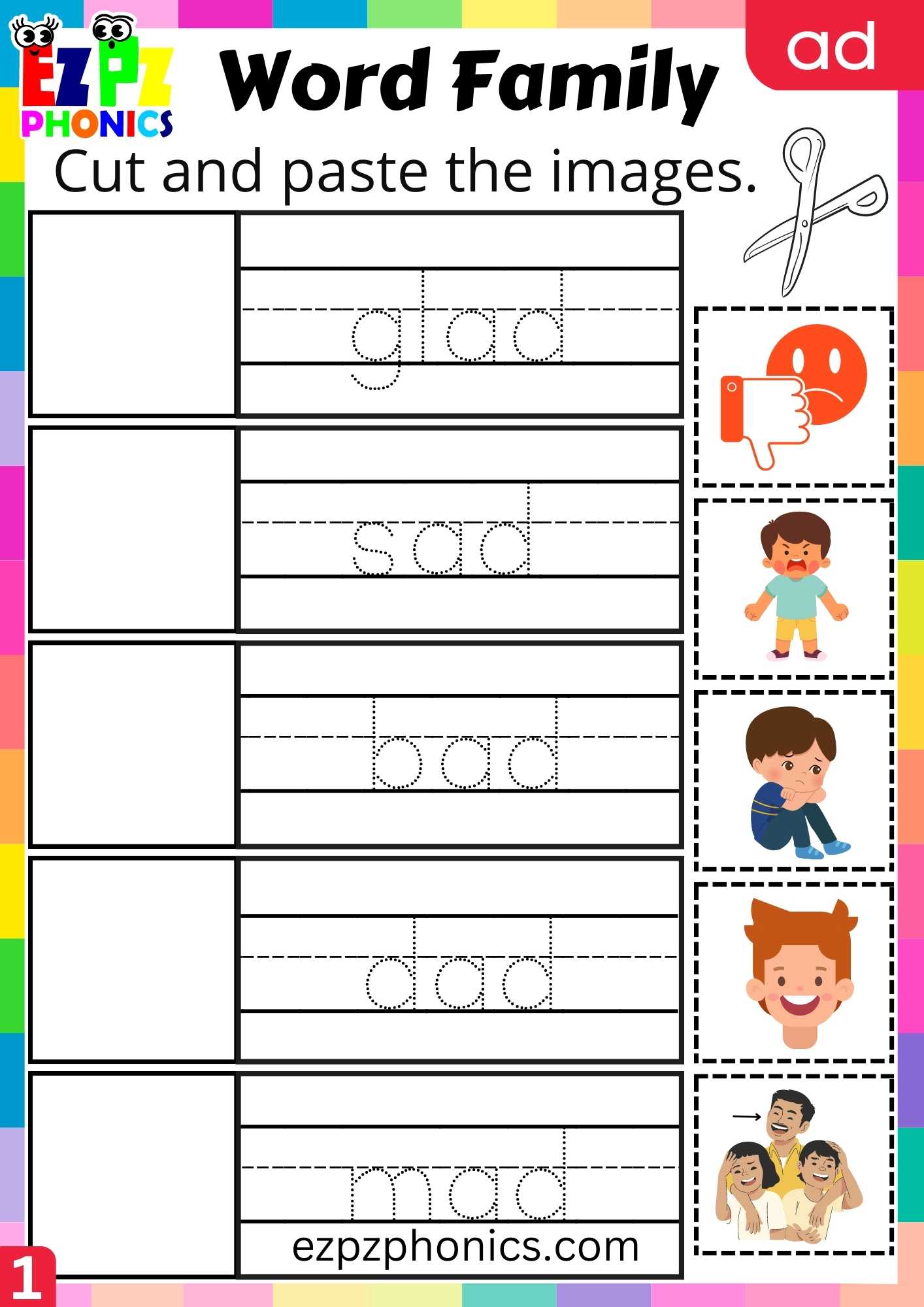 AD Words Cut And Paste The Images Phonics Word Families Worksheet ...