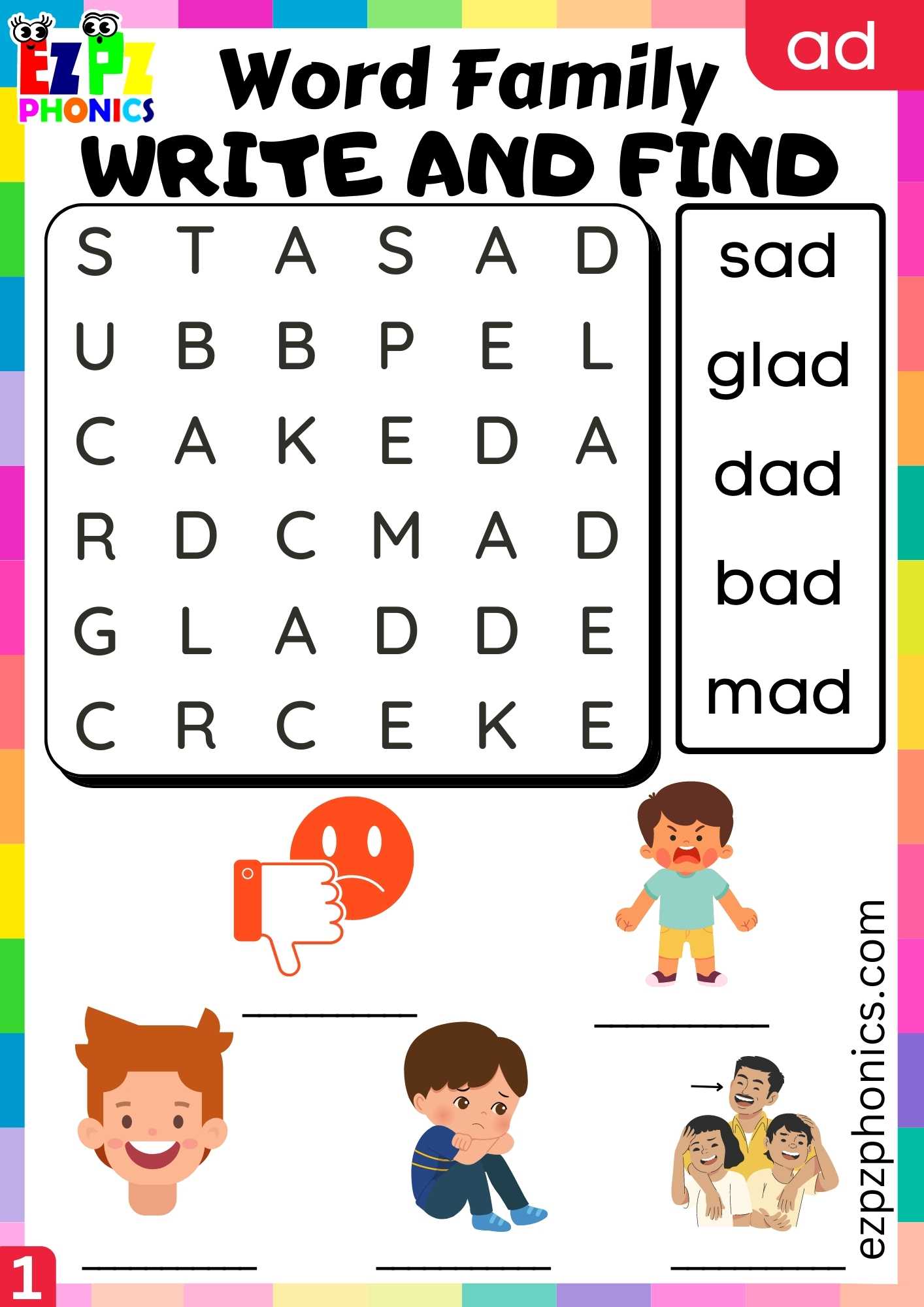 AD Words Write And Find Phonics Word Families Worksheet - ezpzphonics.com