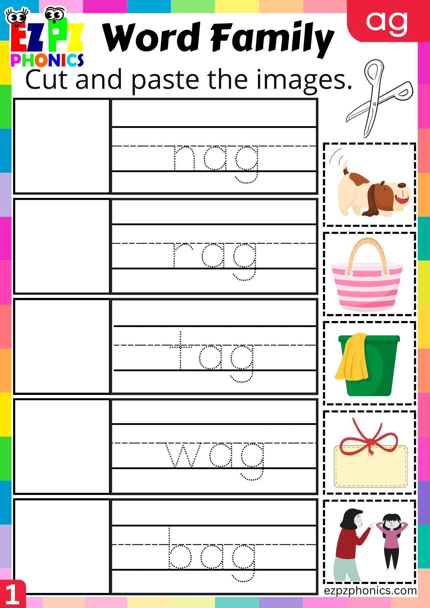 AG Words Cut And Paste The Images Phonics Word Families Worksheet ...