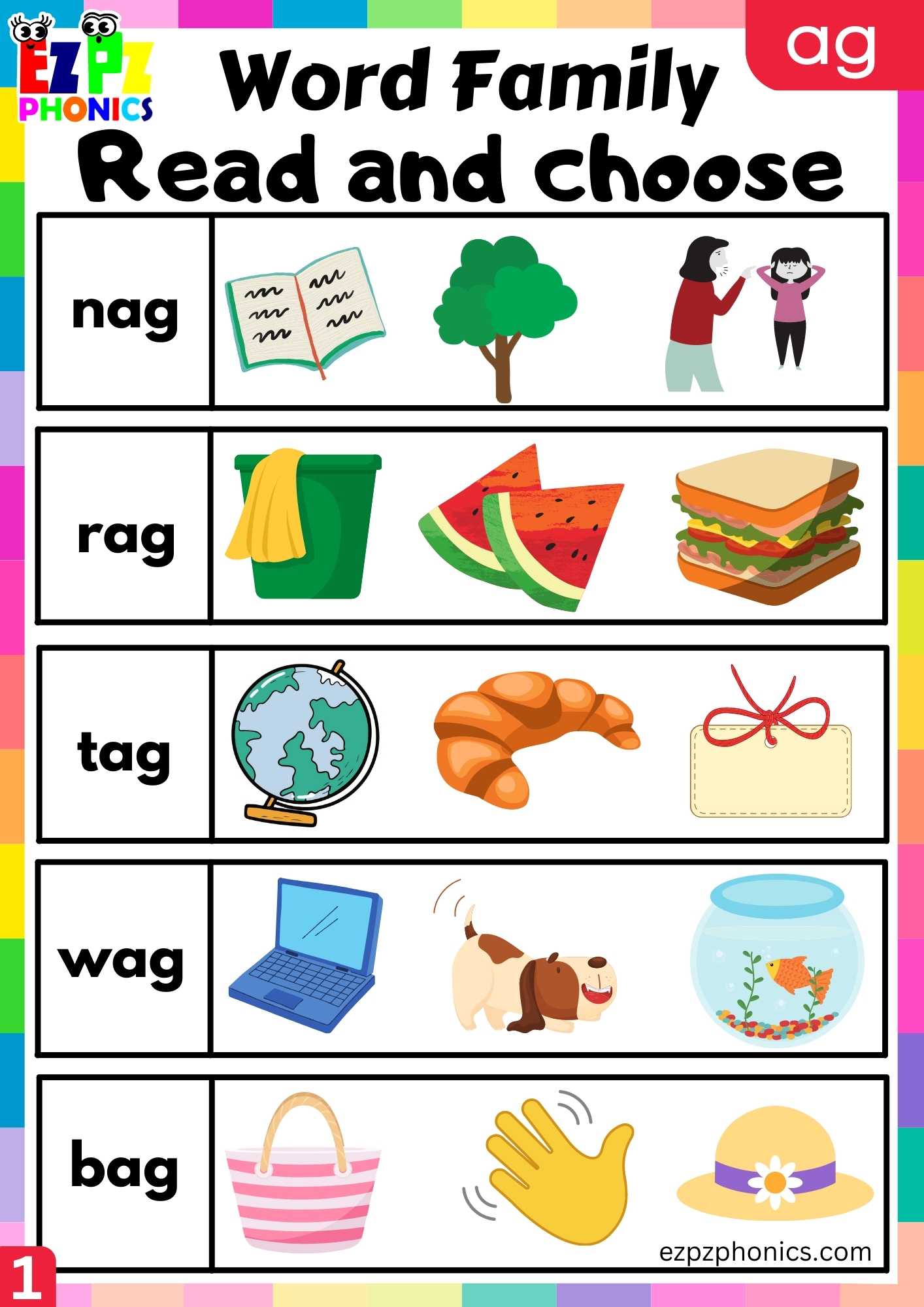 AG Words Read And Choose Phonics Word Families Worksheet - ezpzphonics.com