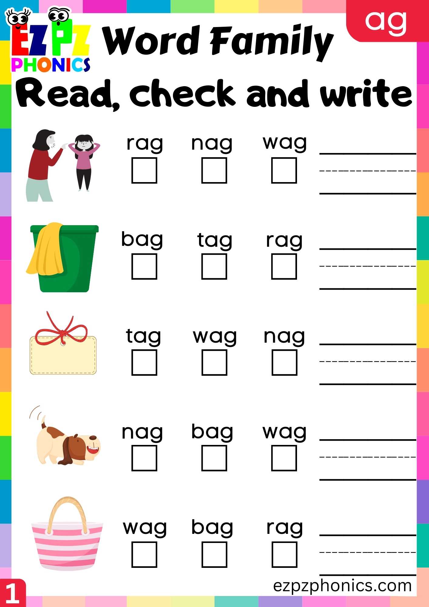 AG Words Read, Check And Write Phonics Word Families Worksheet ...
