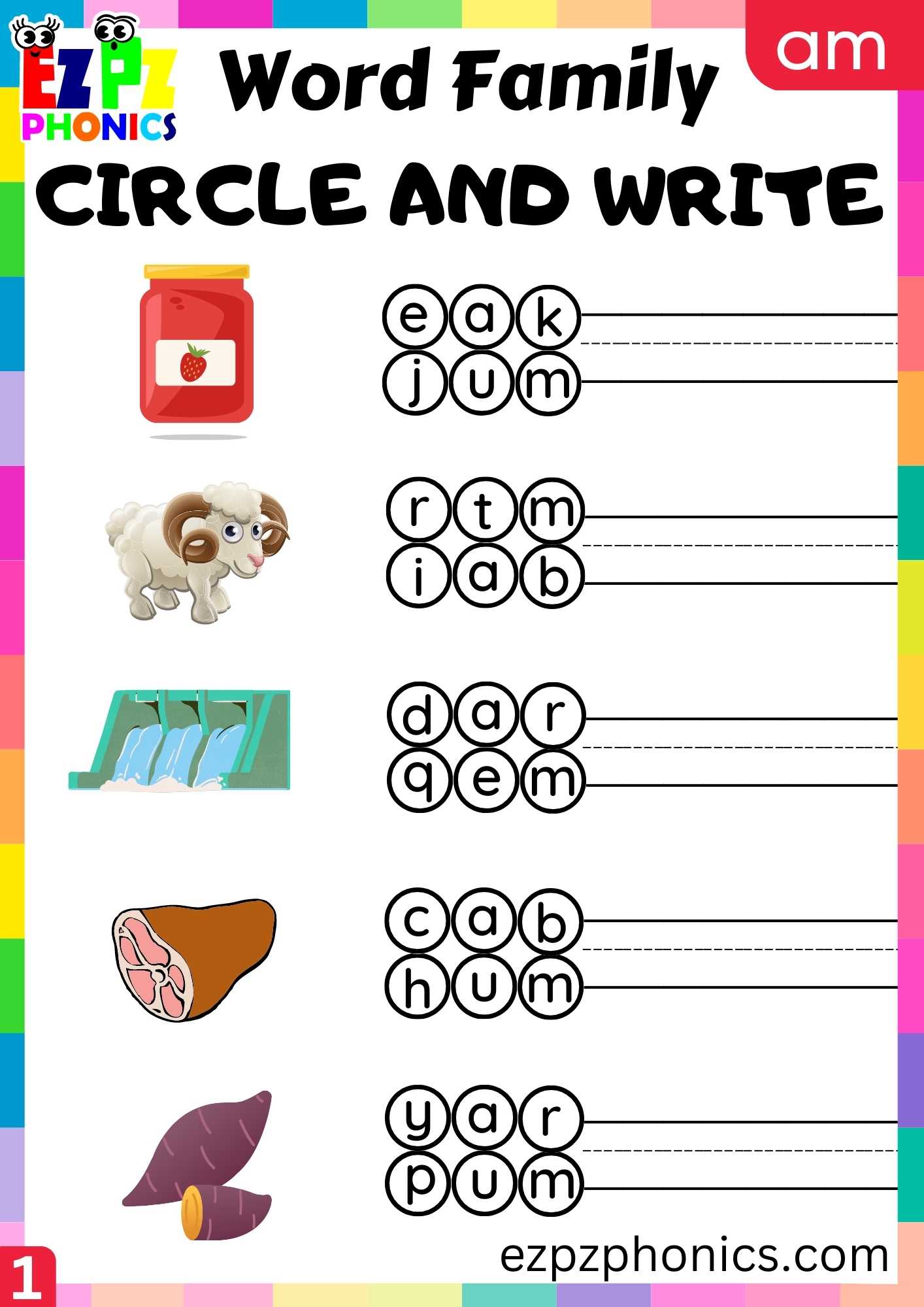 AM Words Circle And Write Phonics Word Families Worksheet - ezpzphonics.com