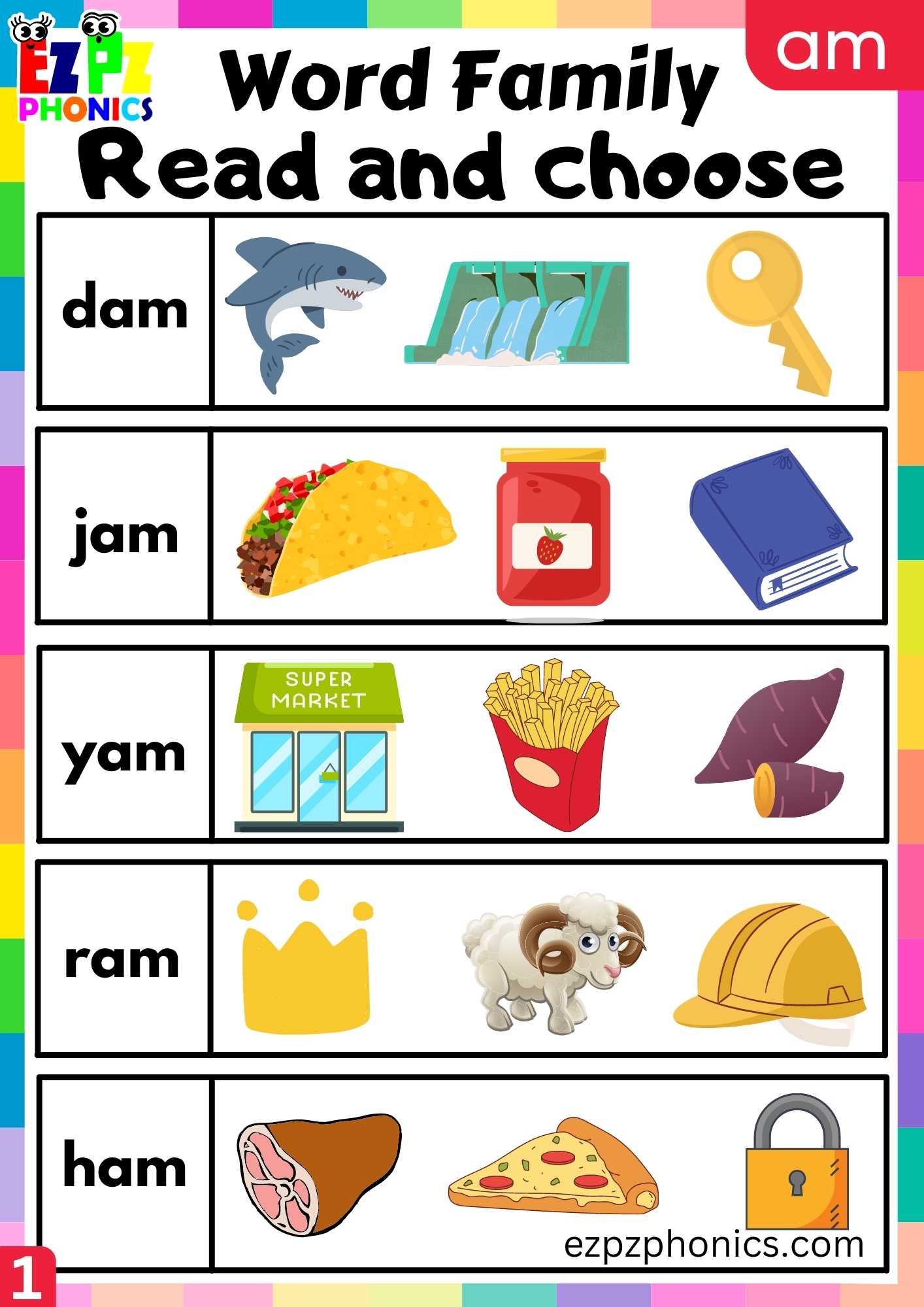 AM Words Read And Choose Phonics Word Families Worksheet - ezpzphonics.com