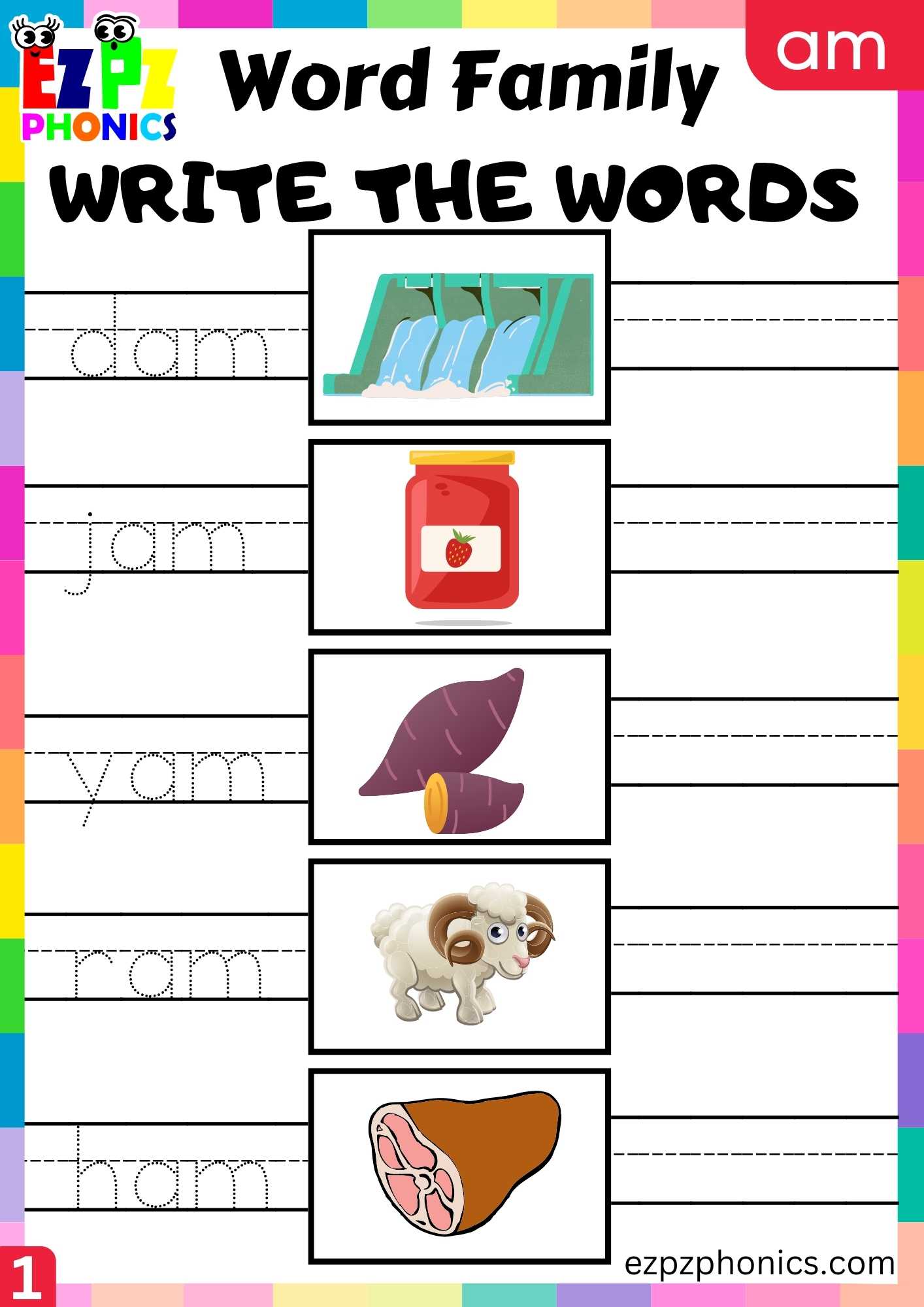 AM Words Write The Words Phonics Word Families Worksheet - ezpzphonics.com