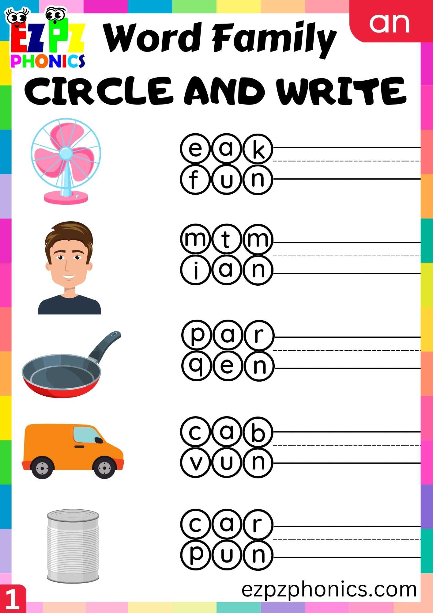 AN Words Circle And Write Phonics Word Families Worksheet - ezpzphonics.com