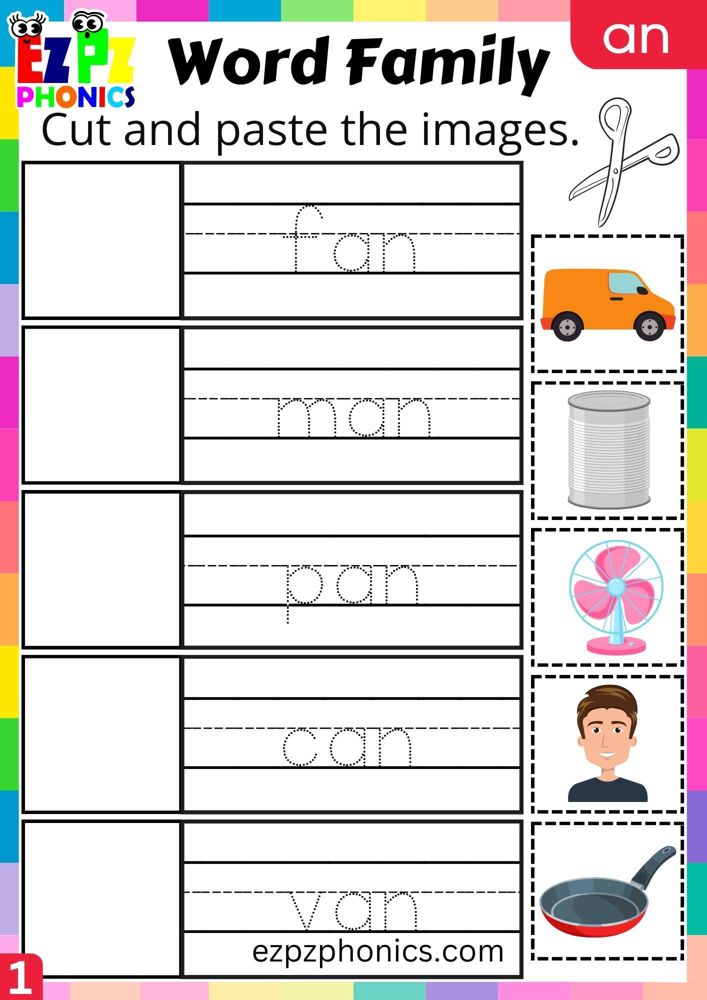 AN Words Cut And Paste The Images Phonics Word Families Worksheet ...