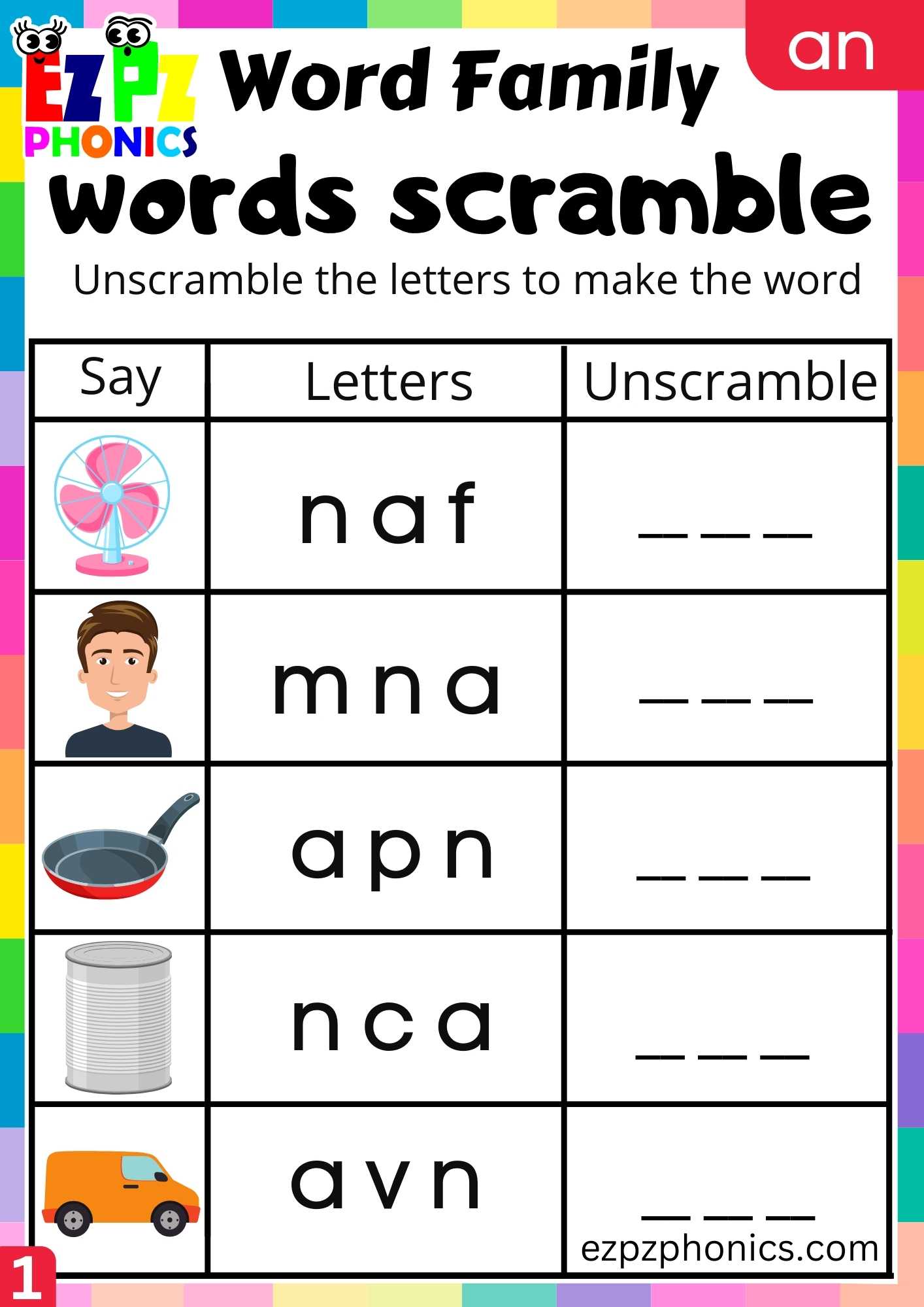 AN Words Words Scramble Phonics Word Families Worksheet - ezpzphonics.com