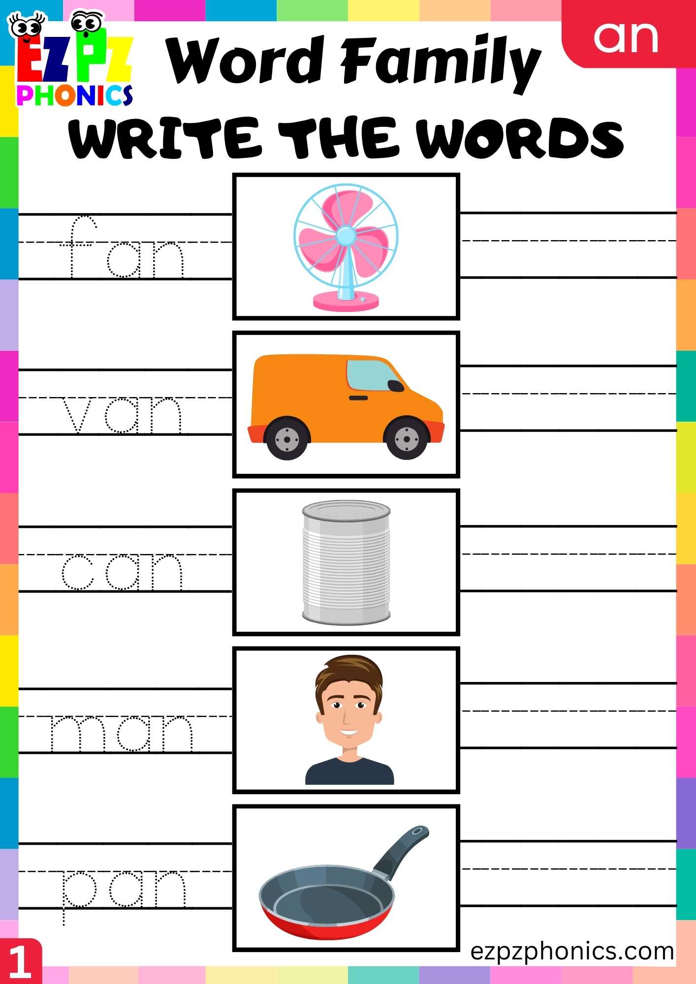 AN Words Write The Words Phonics Word Families Worksheet - ezpzphonics.com