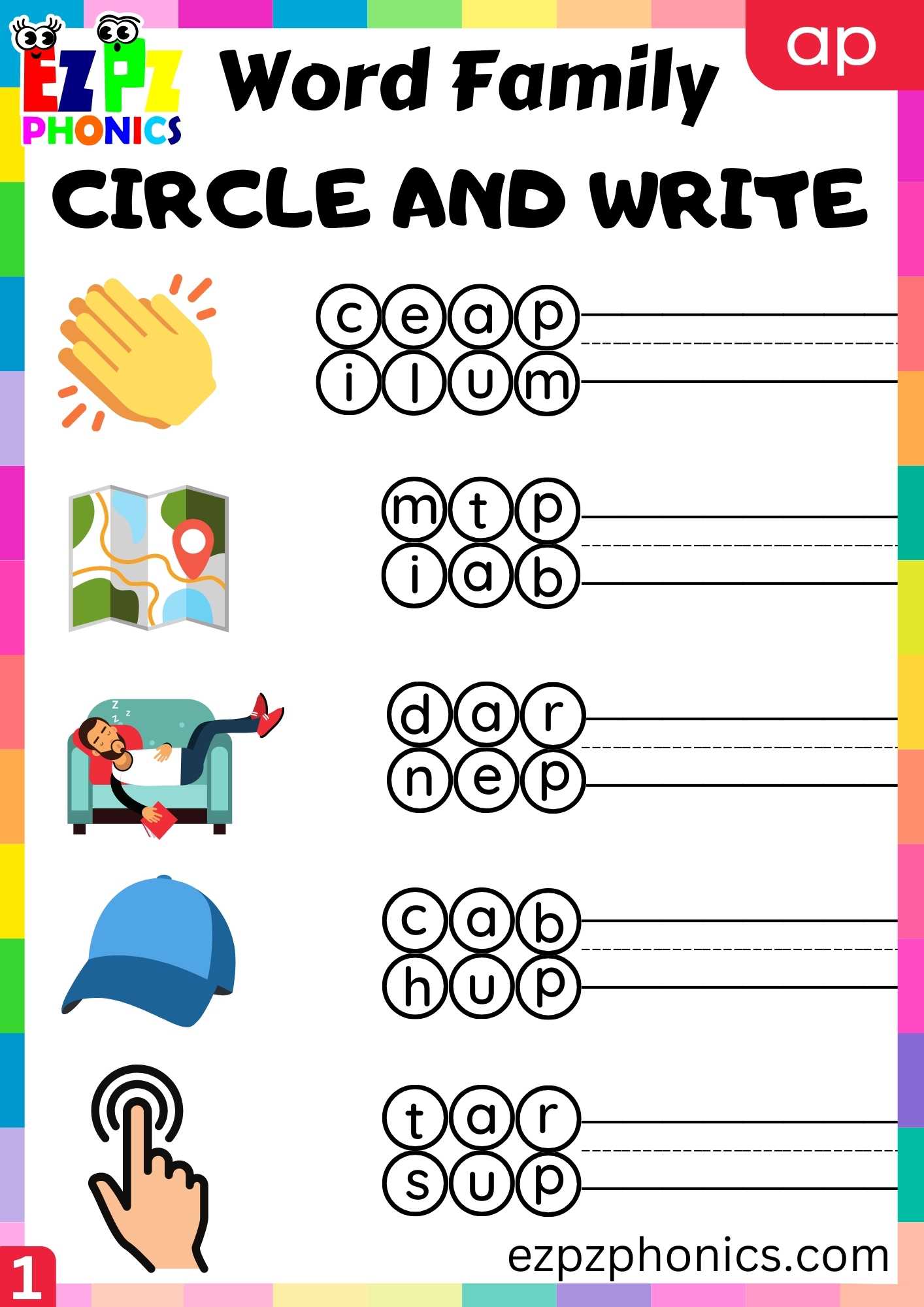AP Words Circle And Write Phonics Word Families Worksheet - ezpzphonics.com