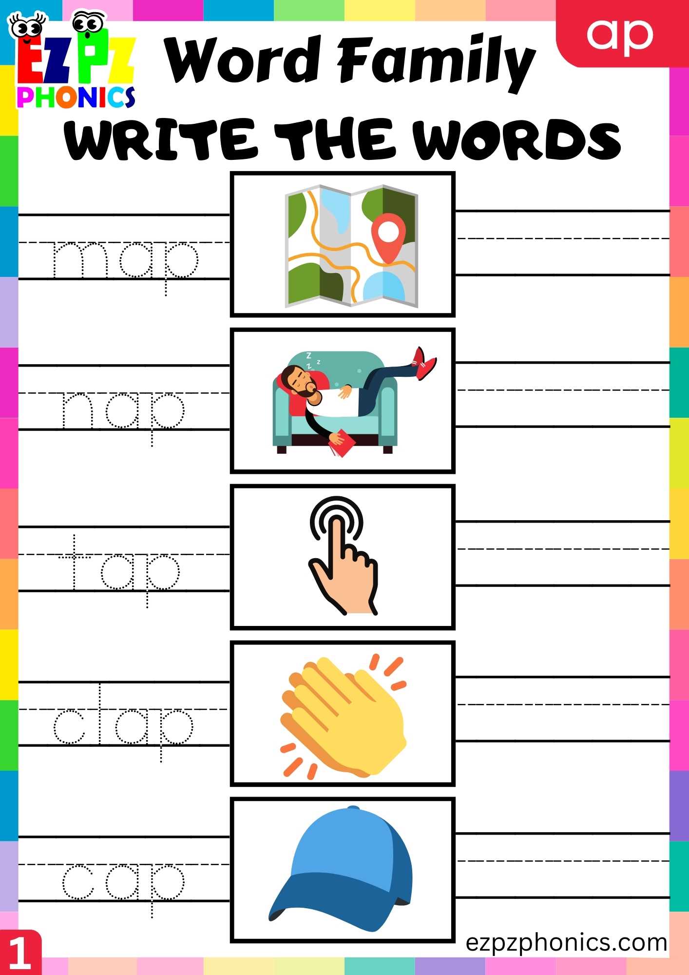 AP Words Write The Words Phonics Word Families Worksheet - ezpzphonics.com