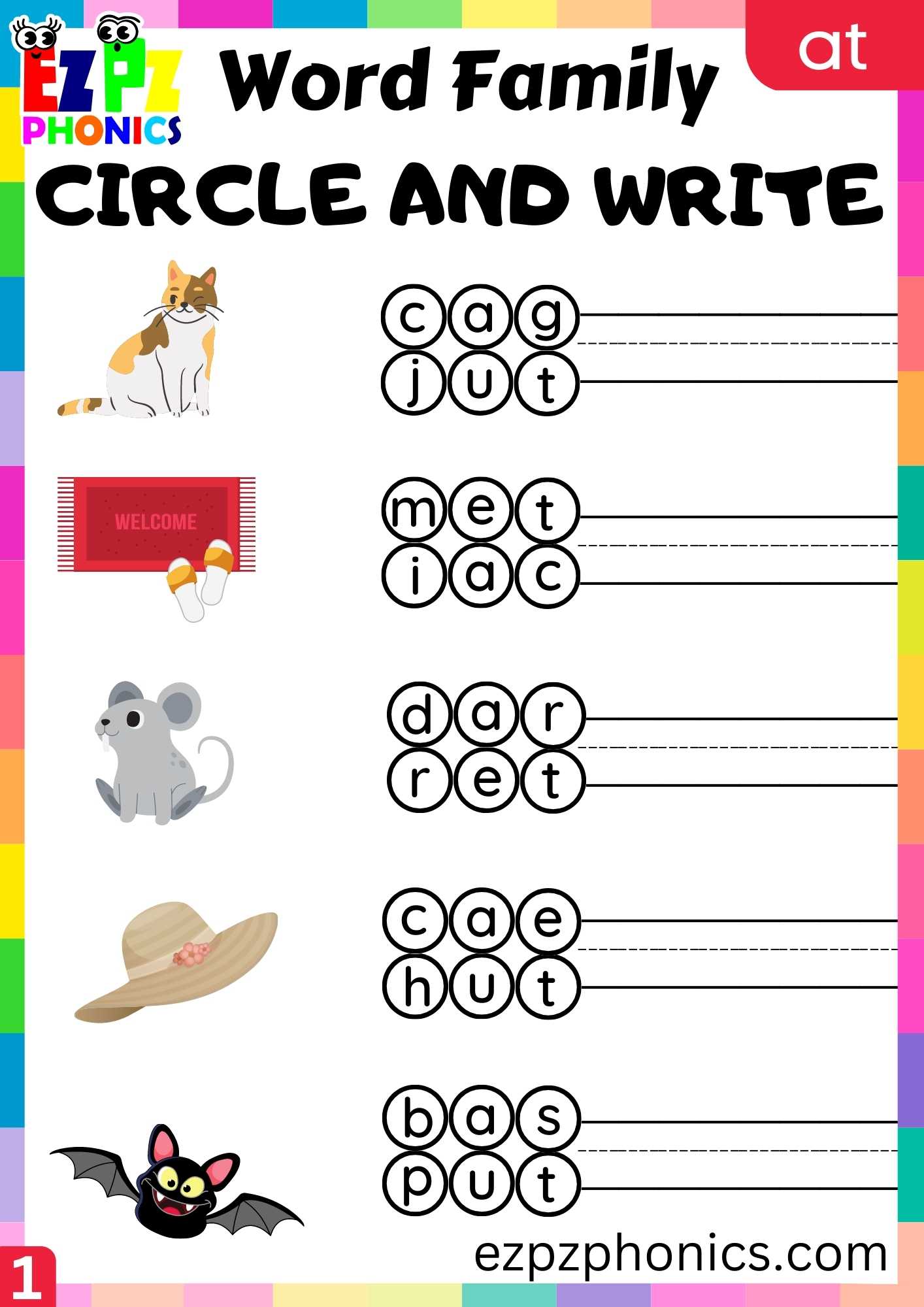 AT Words Circle And Write Phonics Word Families Worksheet - ezpzphonics.com