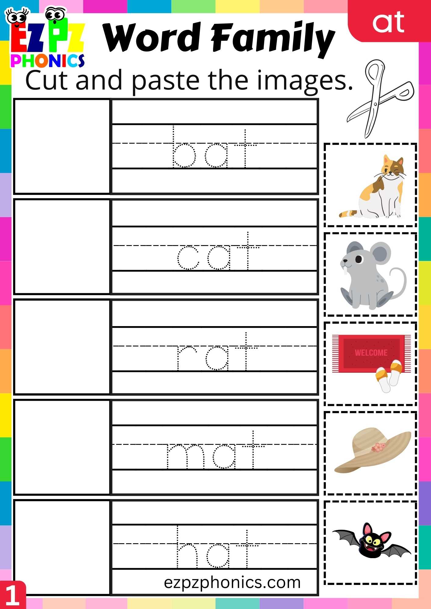 AT Words Cut And Paste The Images Phonics Word Families Worksheet ...