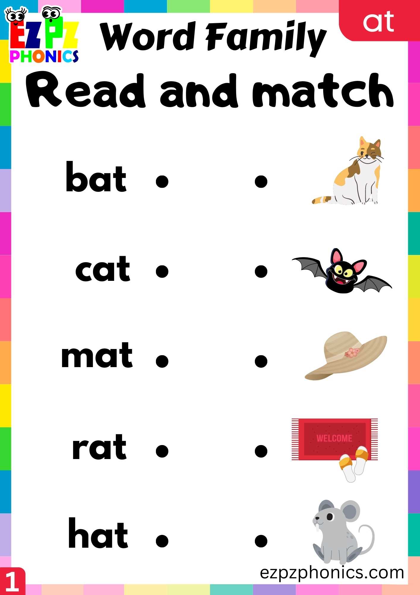 AT Words Read And Match Phonics Word Families Worksheet - ezpzphonics.com