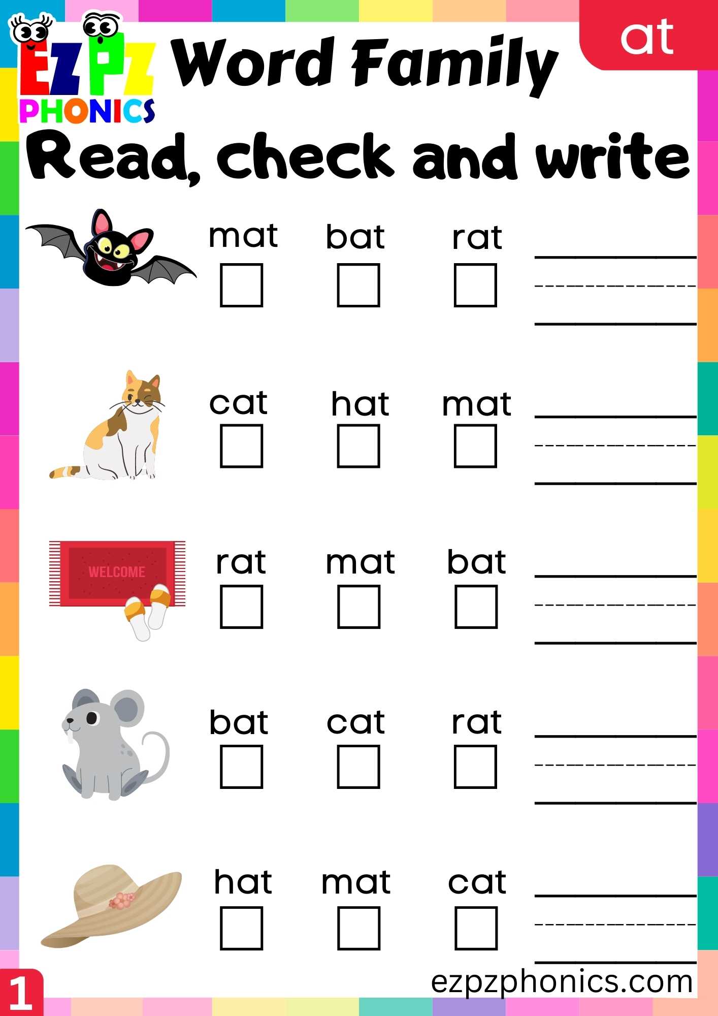 AT Words Read, Check And Write Phonics Word Families Worksheet ...