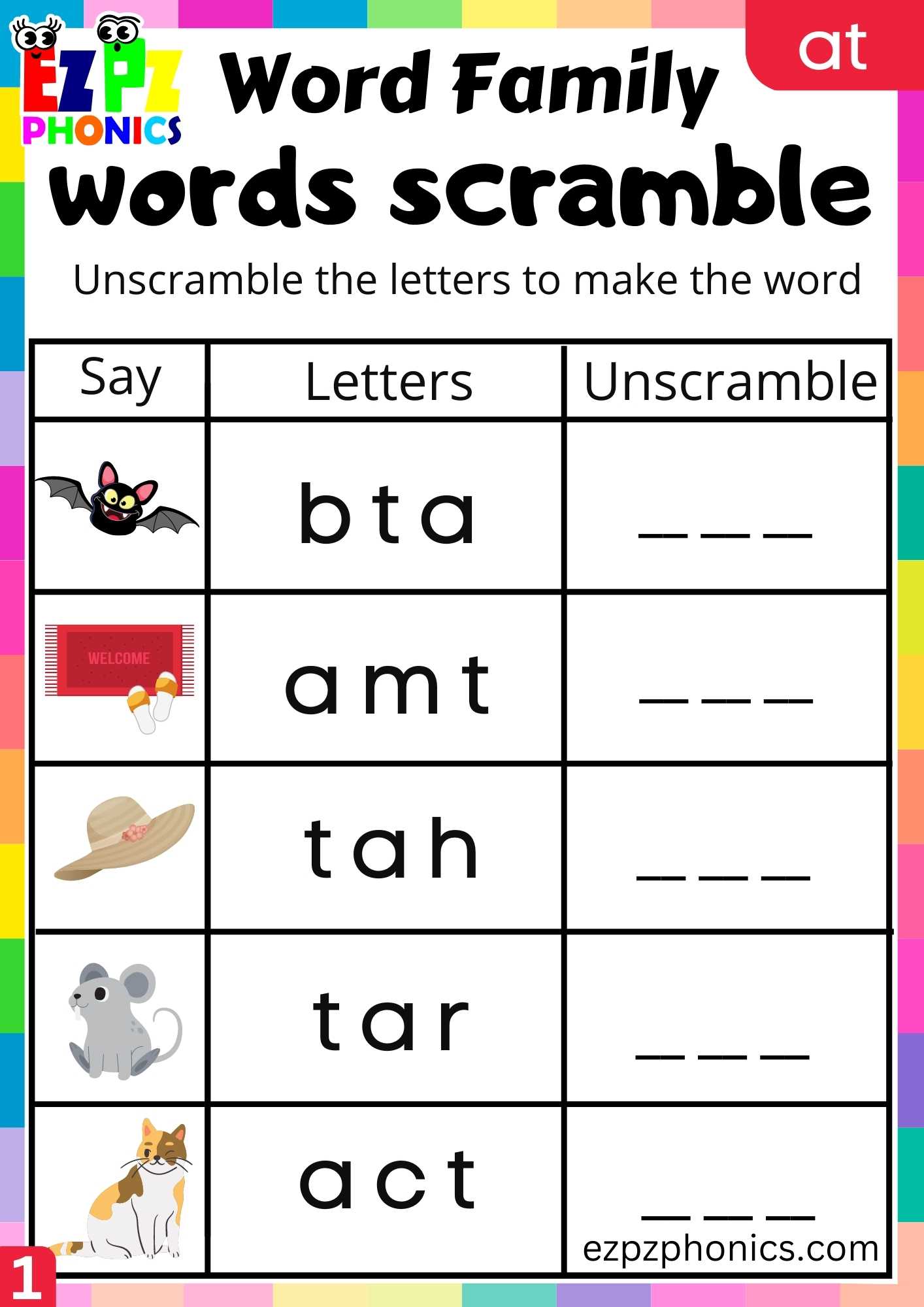 AT Words Words Scramble Phonics Word Families Worksheet - ezpzphonics.com