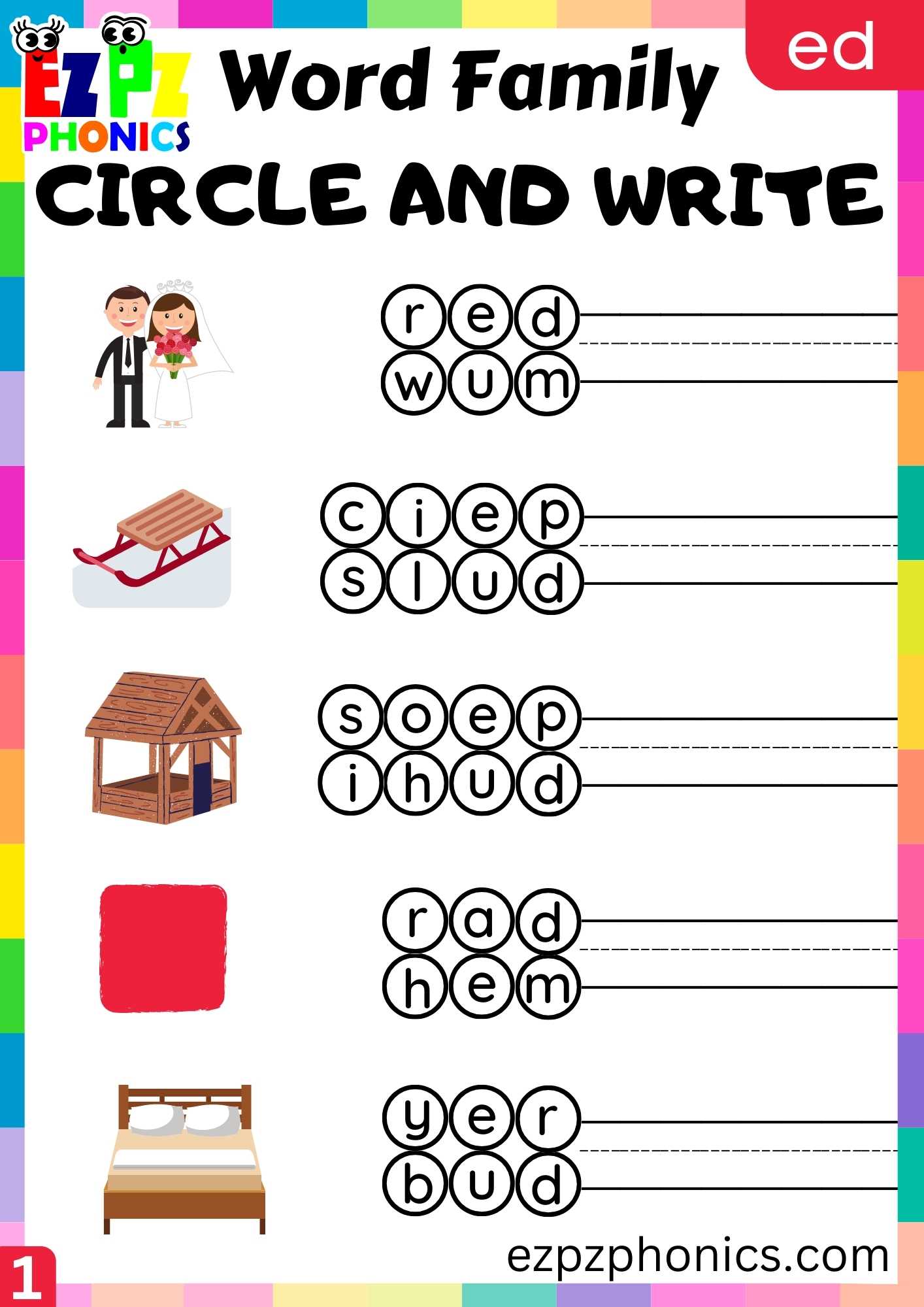 ED Words Circle And Write Phonics Word Families Worksheet - ezpzphonics.com