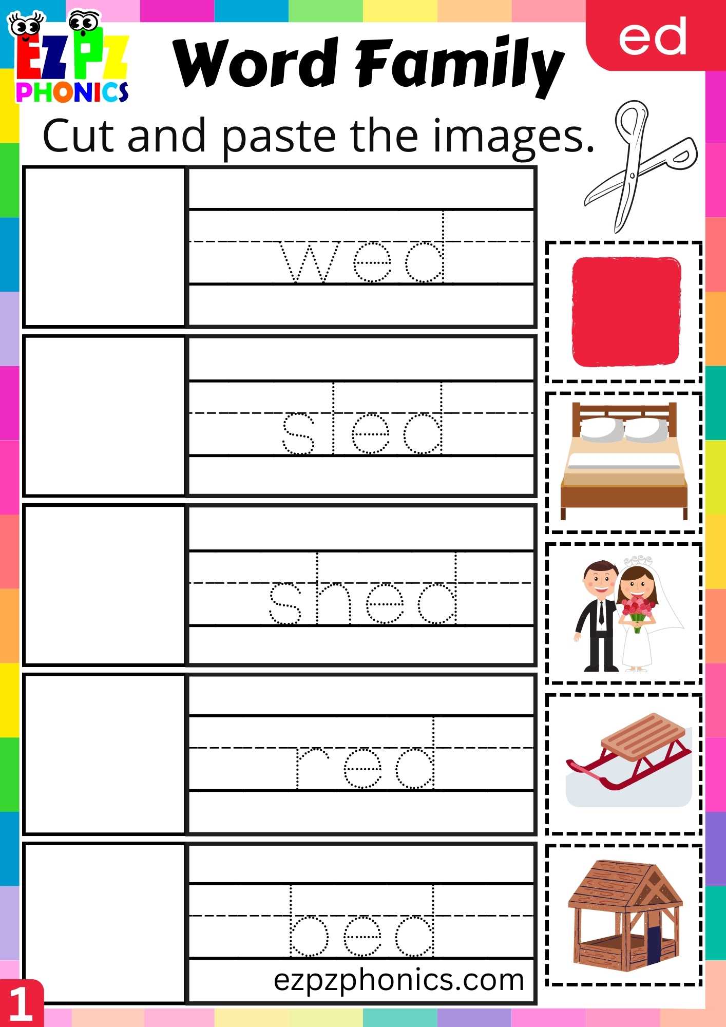 ED Words Cut And Paste The Images Phonics Word Families Worksheet ...