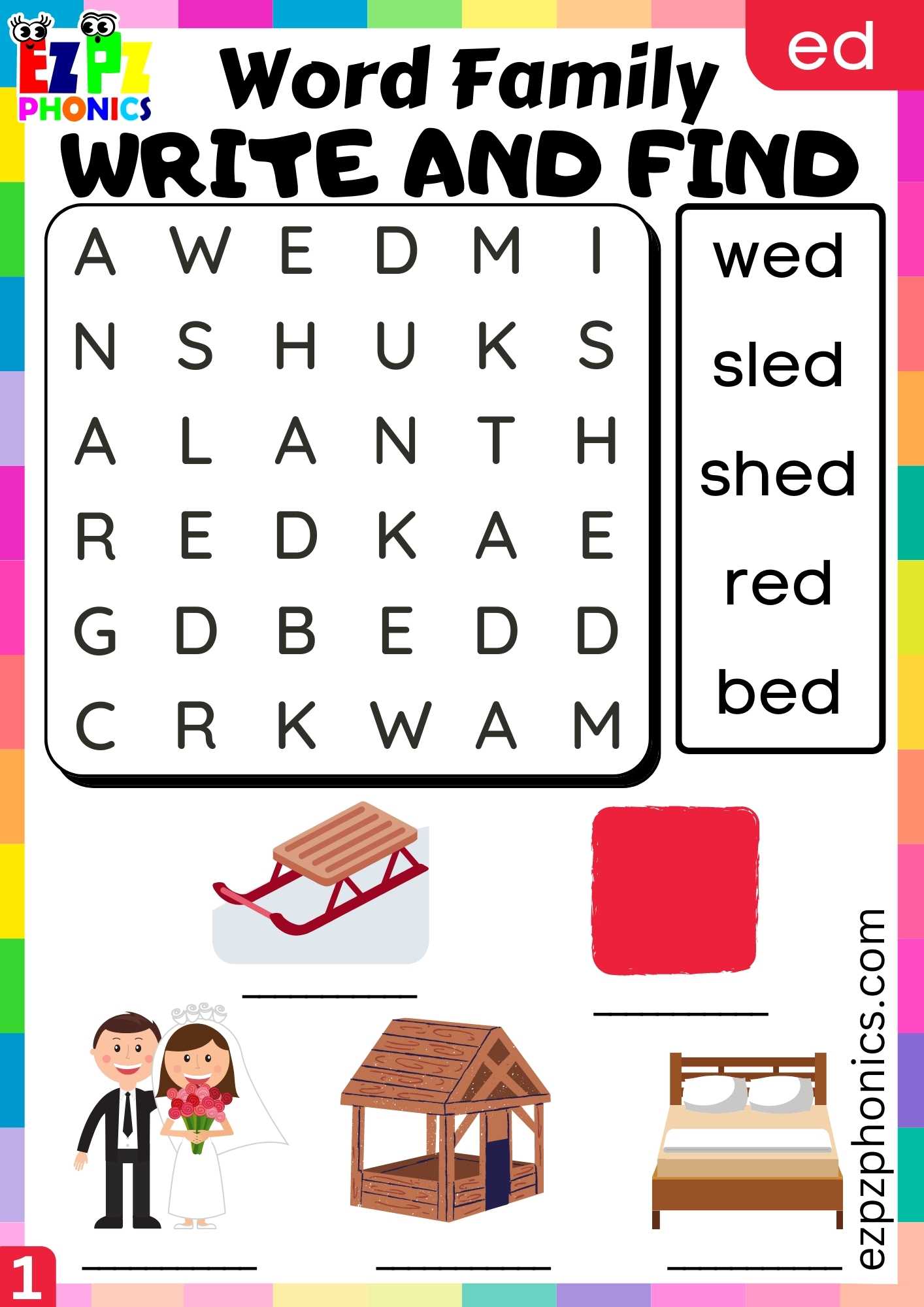ED Words Write And Find Phonics Word Families Worksheet - ezpzphonics.com