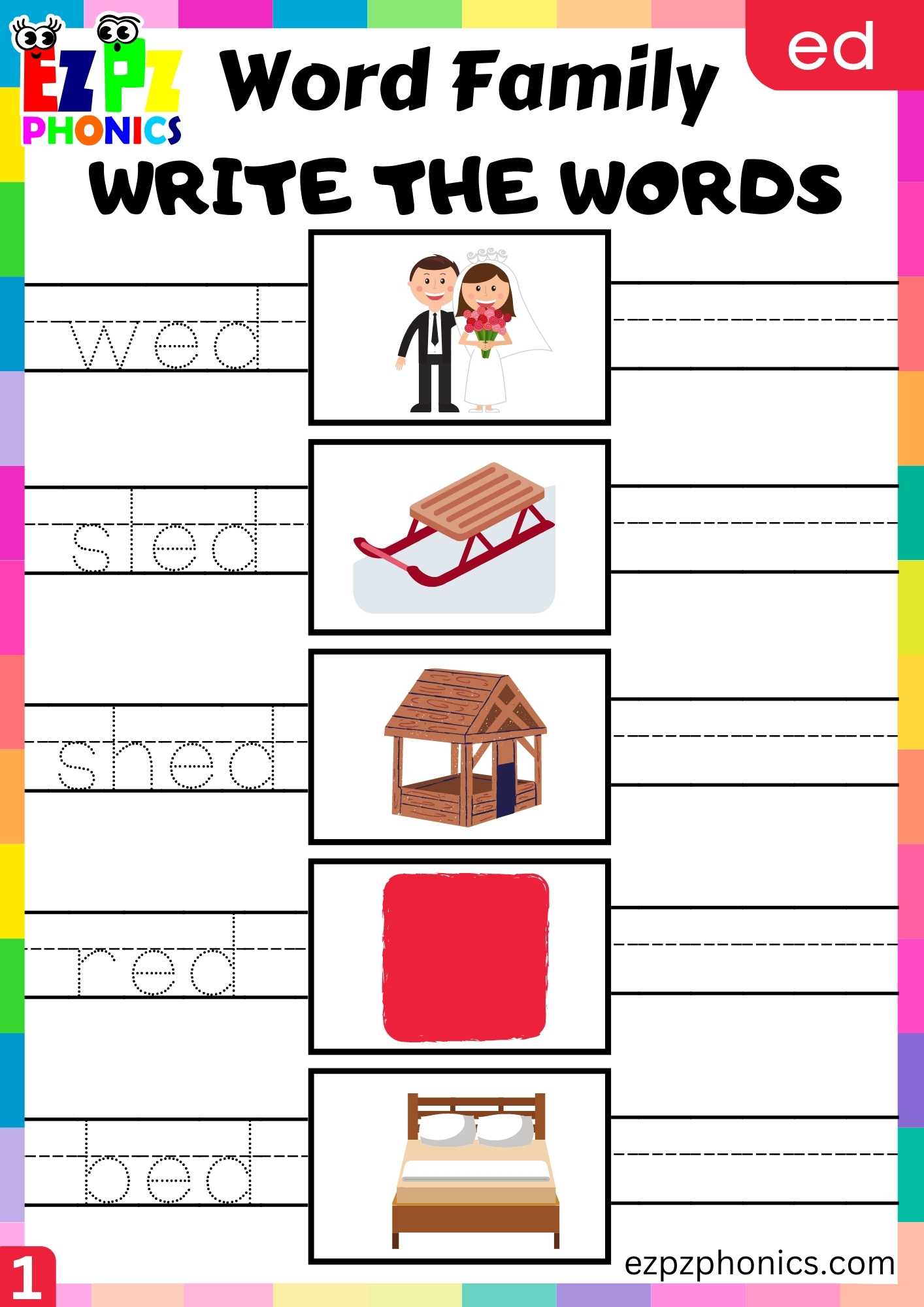 ED Words Write The Words Phonics Word Families Worksheet - ezpzphonics.com