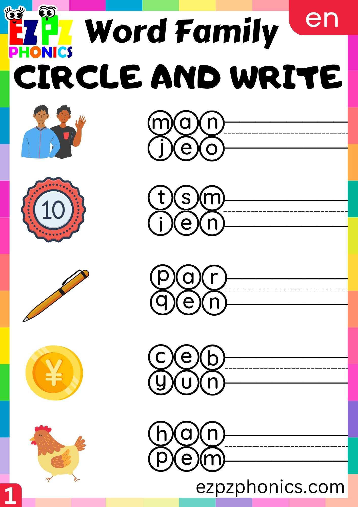 EN Words Circle And Write Phonics Word Families Worksheet - ezpzphonics.com