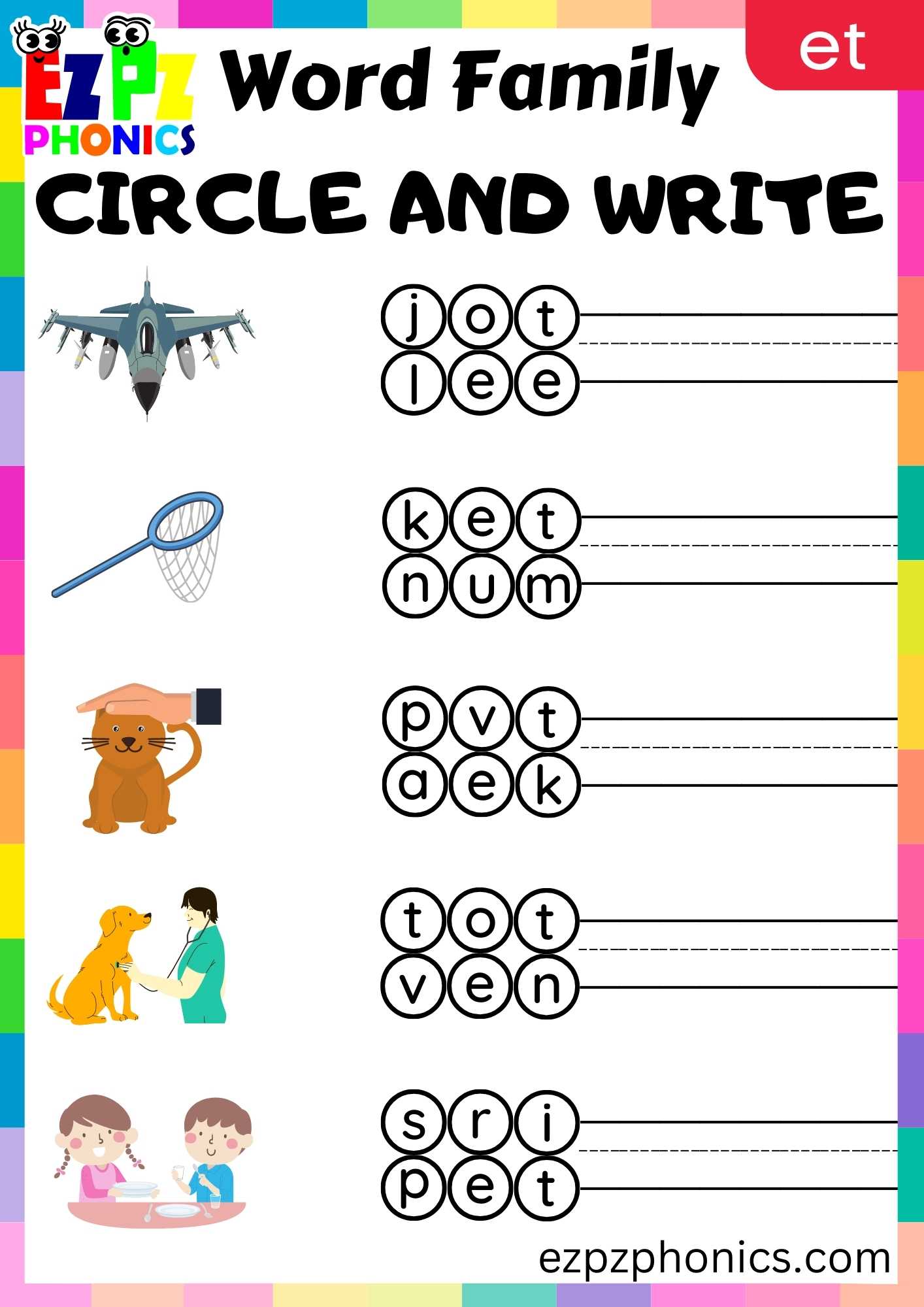 ET Words Circle And Write Phonics Word Families Worksheet - ezpzphonics.com