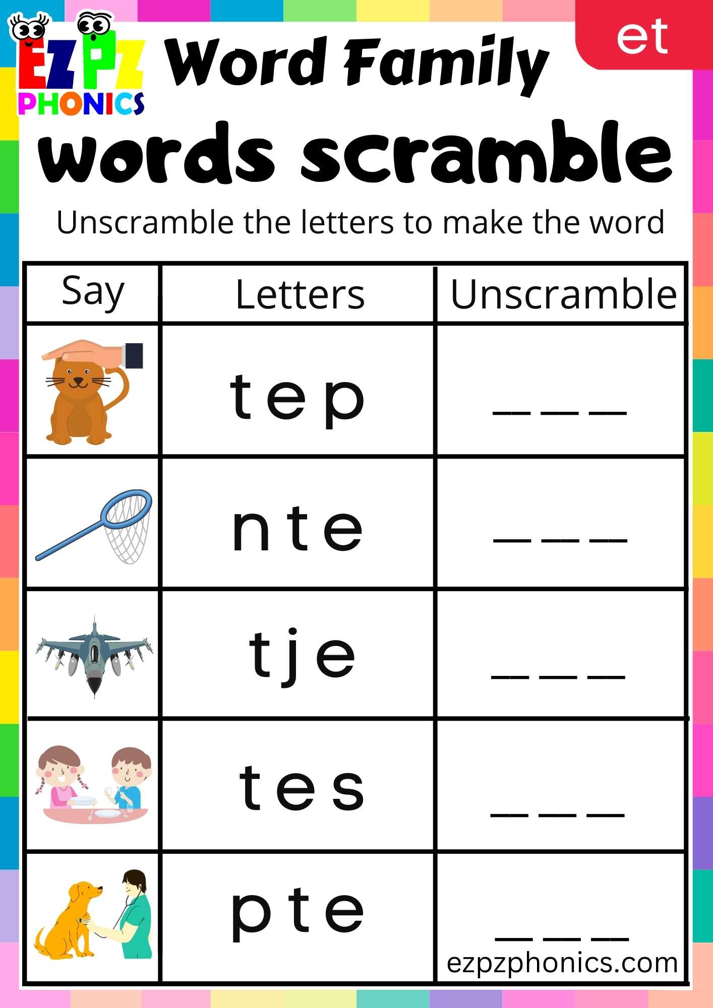 ET Words Words Scramble Phonics Word Families Worksheet - ezpzphonics.com