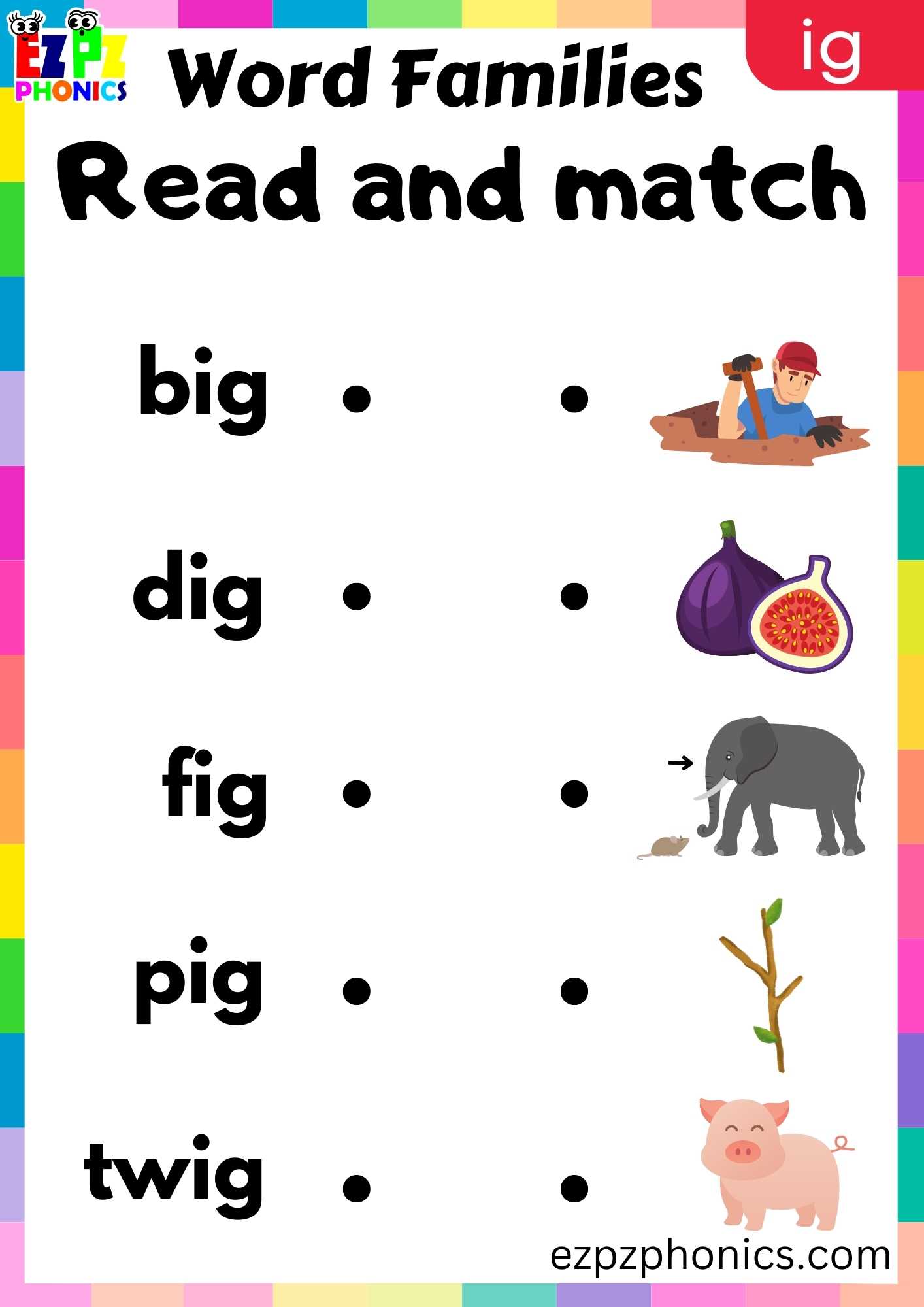 IG Words Read And Match Phonics Word Families Worksheet - ezpzphonics.com