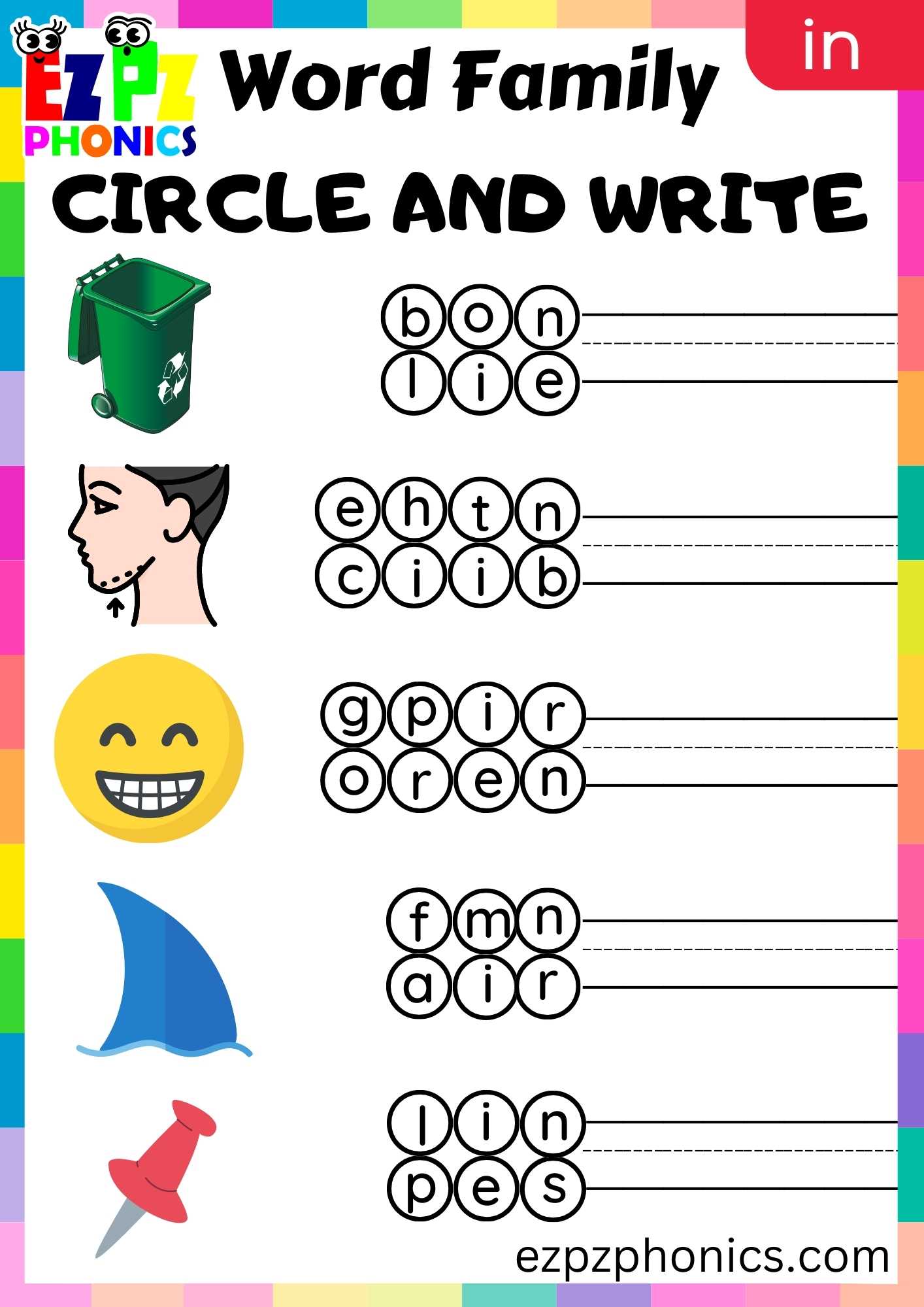 IN Words Circle And Write Phonics Word Families Worksheet - ezpzphonics.com