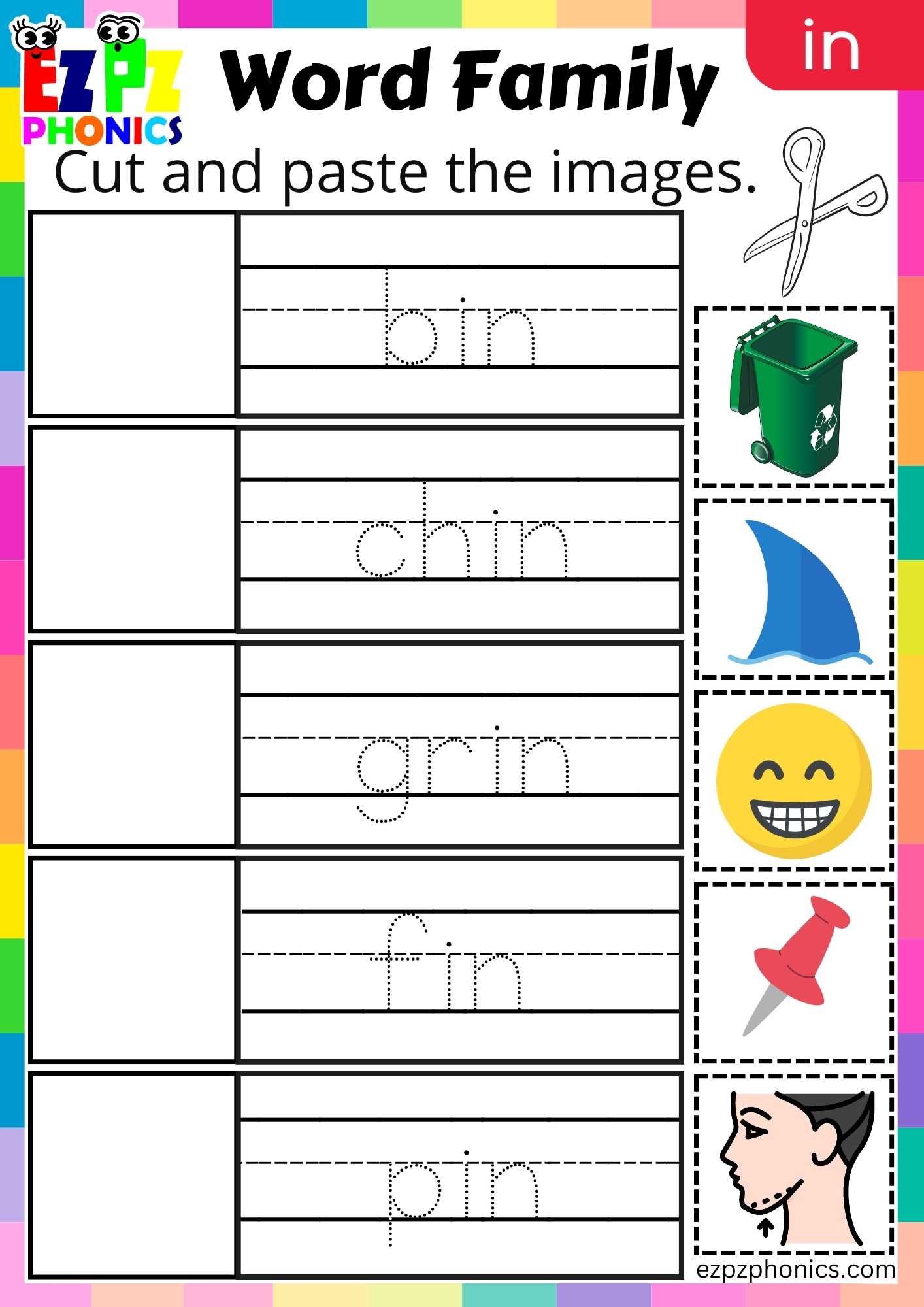 IN Words Cut And Paste The Images Phonics Word Families Worksheet ...