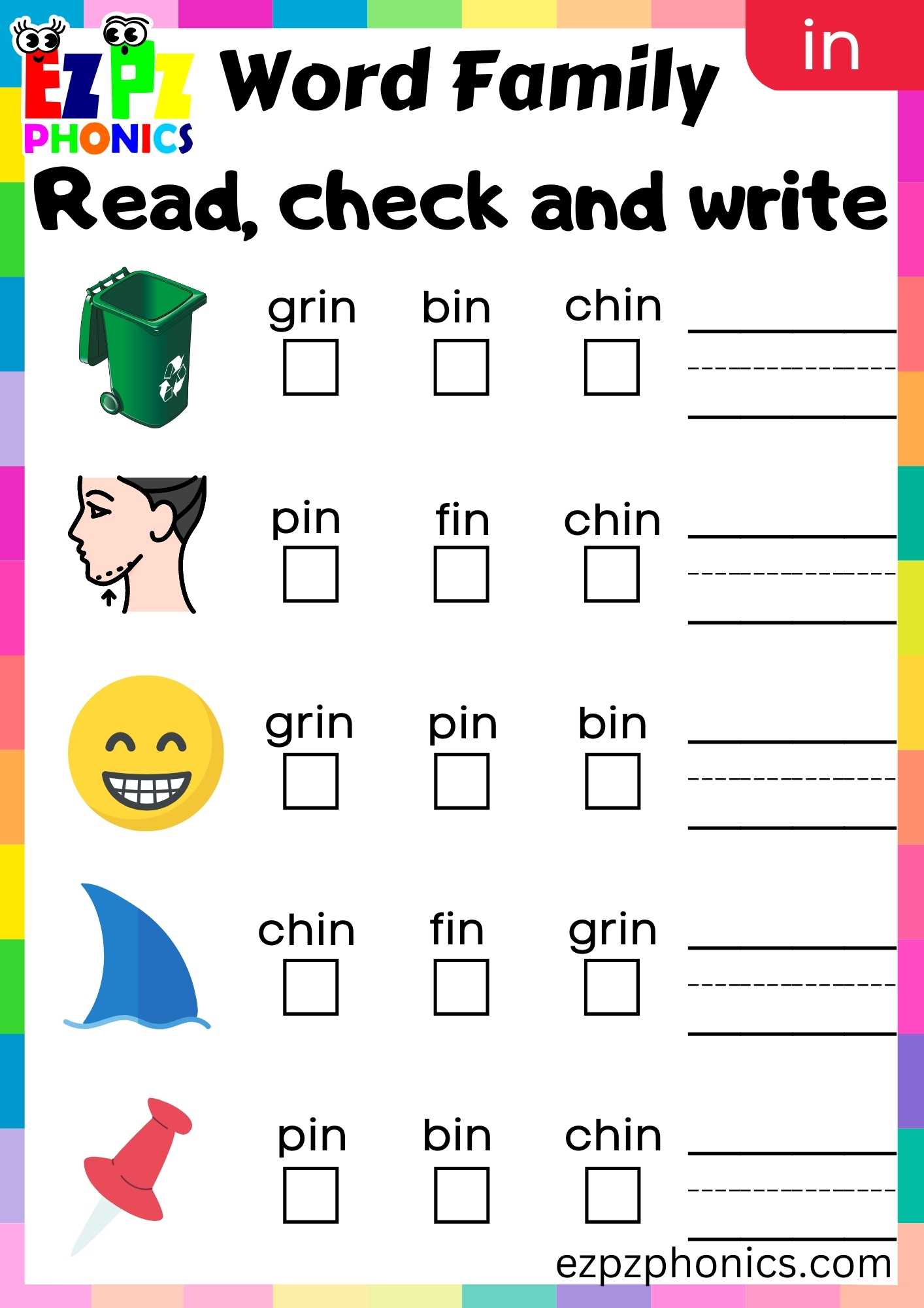 IN Words Read, Check And Write Phonics Word Families Worksheet ...