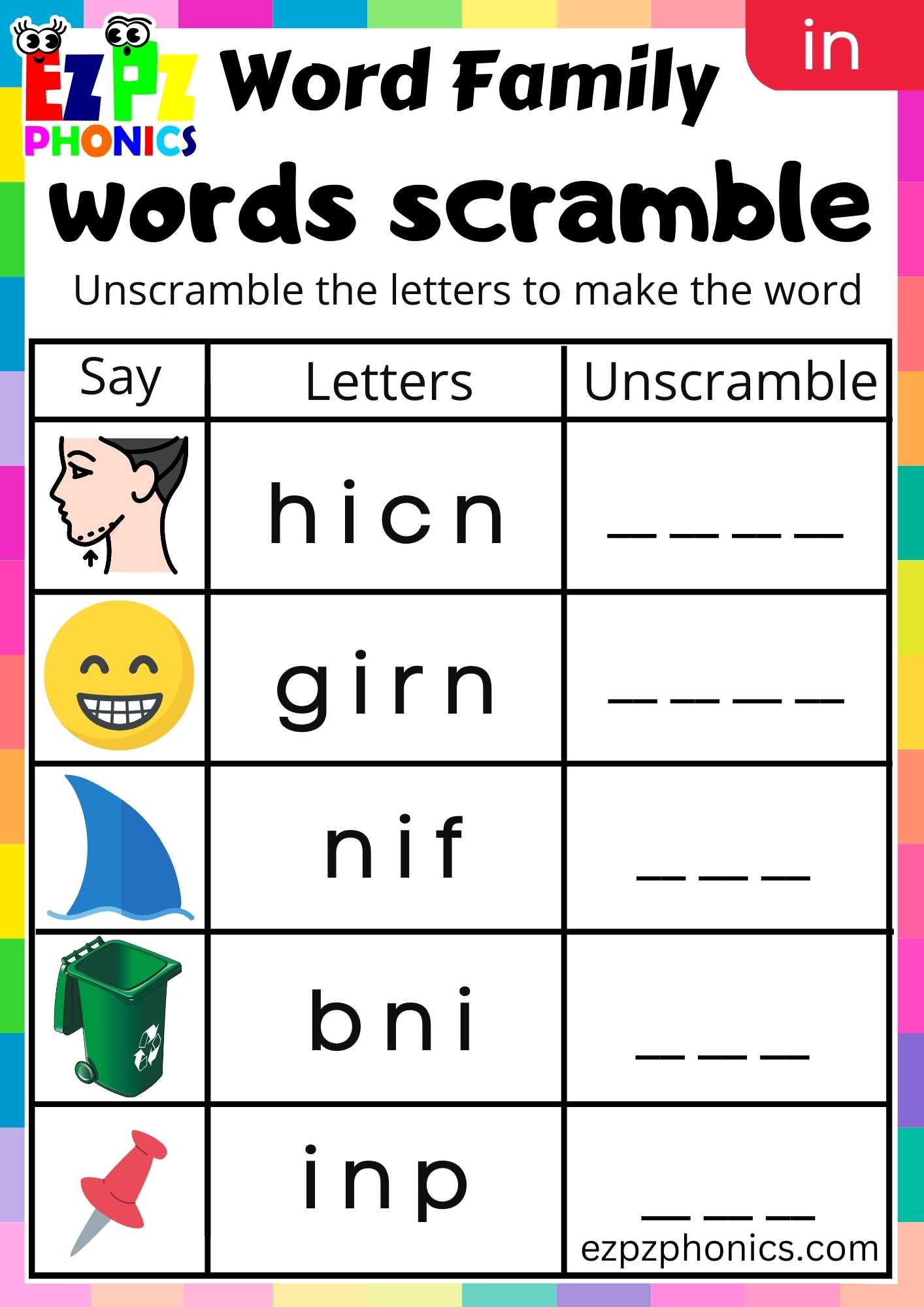 IN Words Words Scramble Phonics Word Families Worksheet - ezpzphonics.com