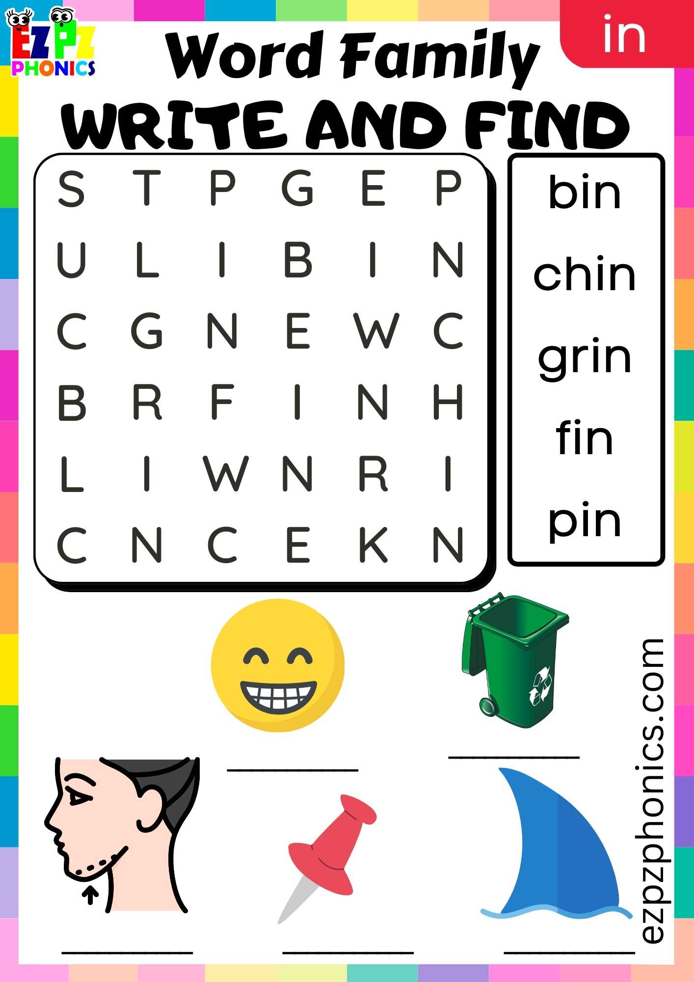 IN Words Write And Find Phonics Word Families Worksheet - ezpzphonics.com