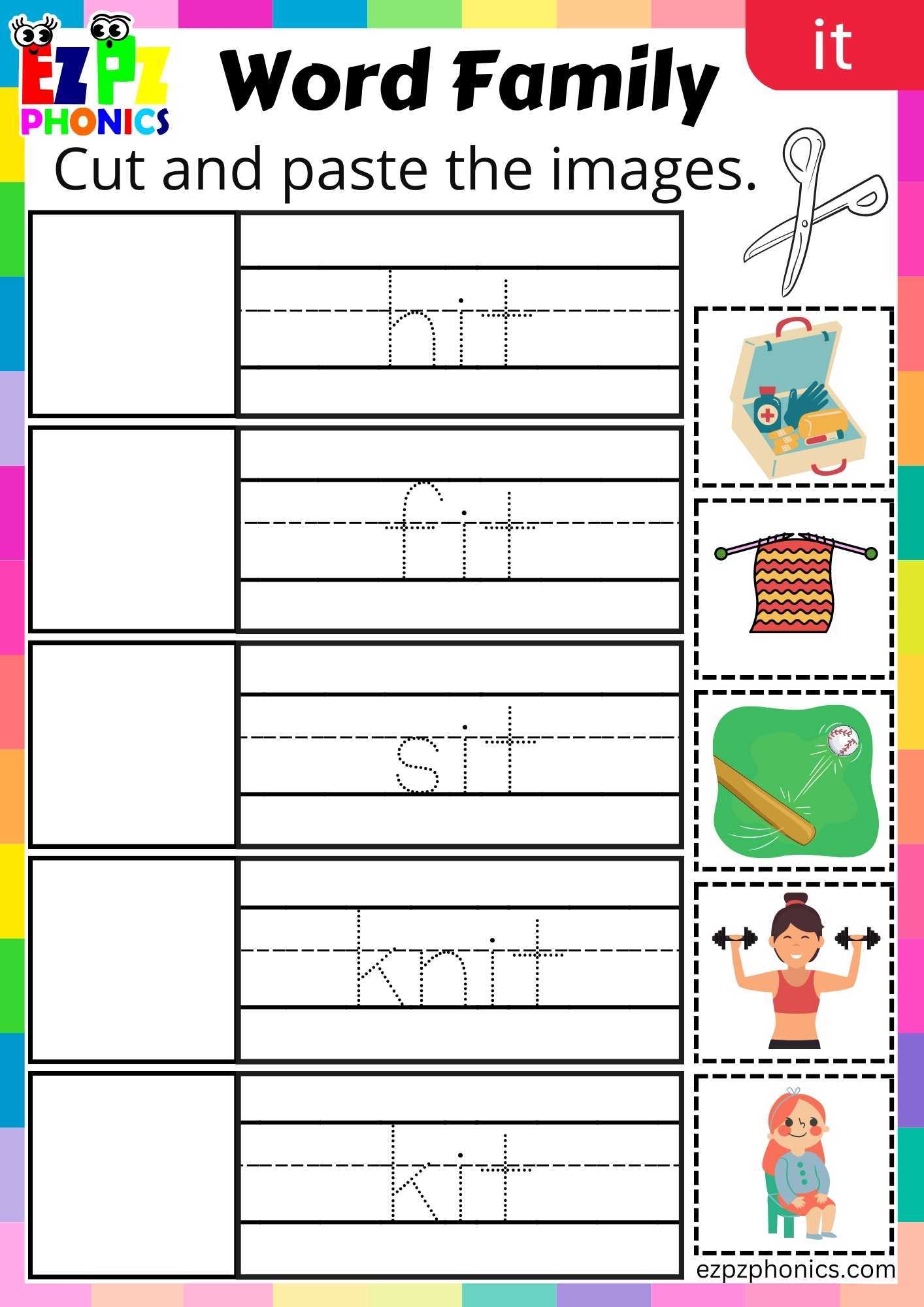 IT Words Cut And Paste The Images Phonics Word Families Worksheet ...