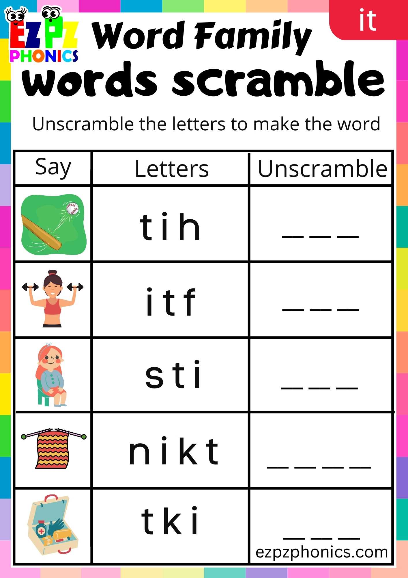 IT Words Words Scramble Phonics Word Families Worksheet - ezpzphonics.com