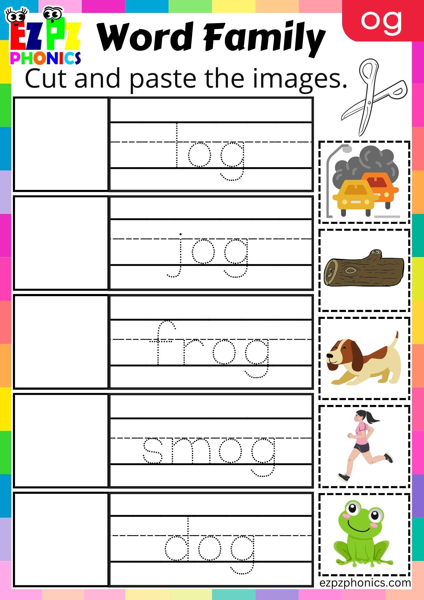 OG Words Cut And Paste The Images Phonics Word Families Worksheet ...