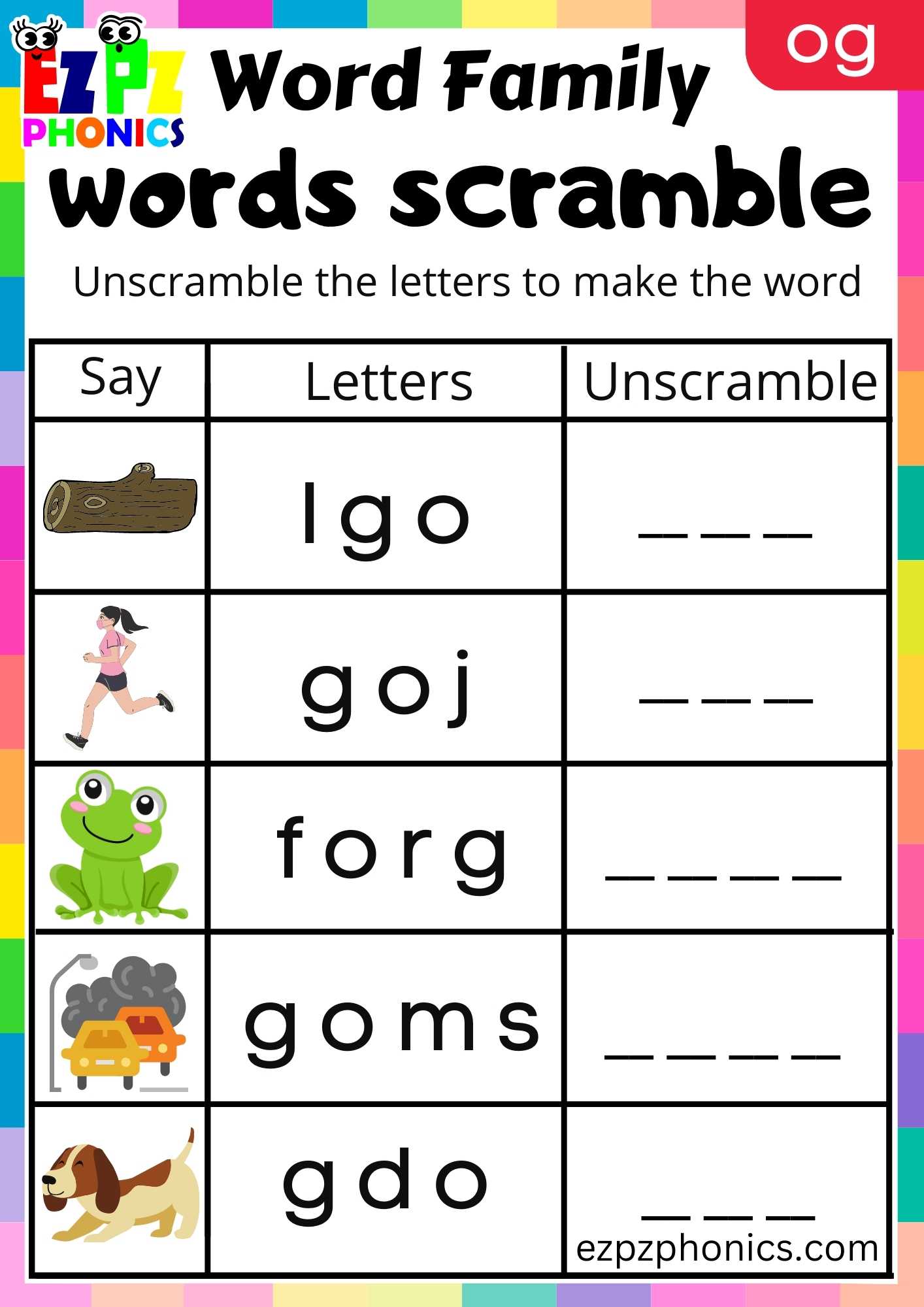 OG Words Words Scramble Phonics Word Families Worksheet - ezpzphonics.com