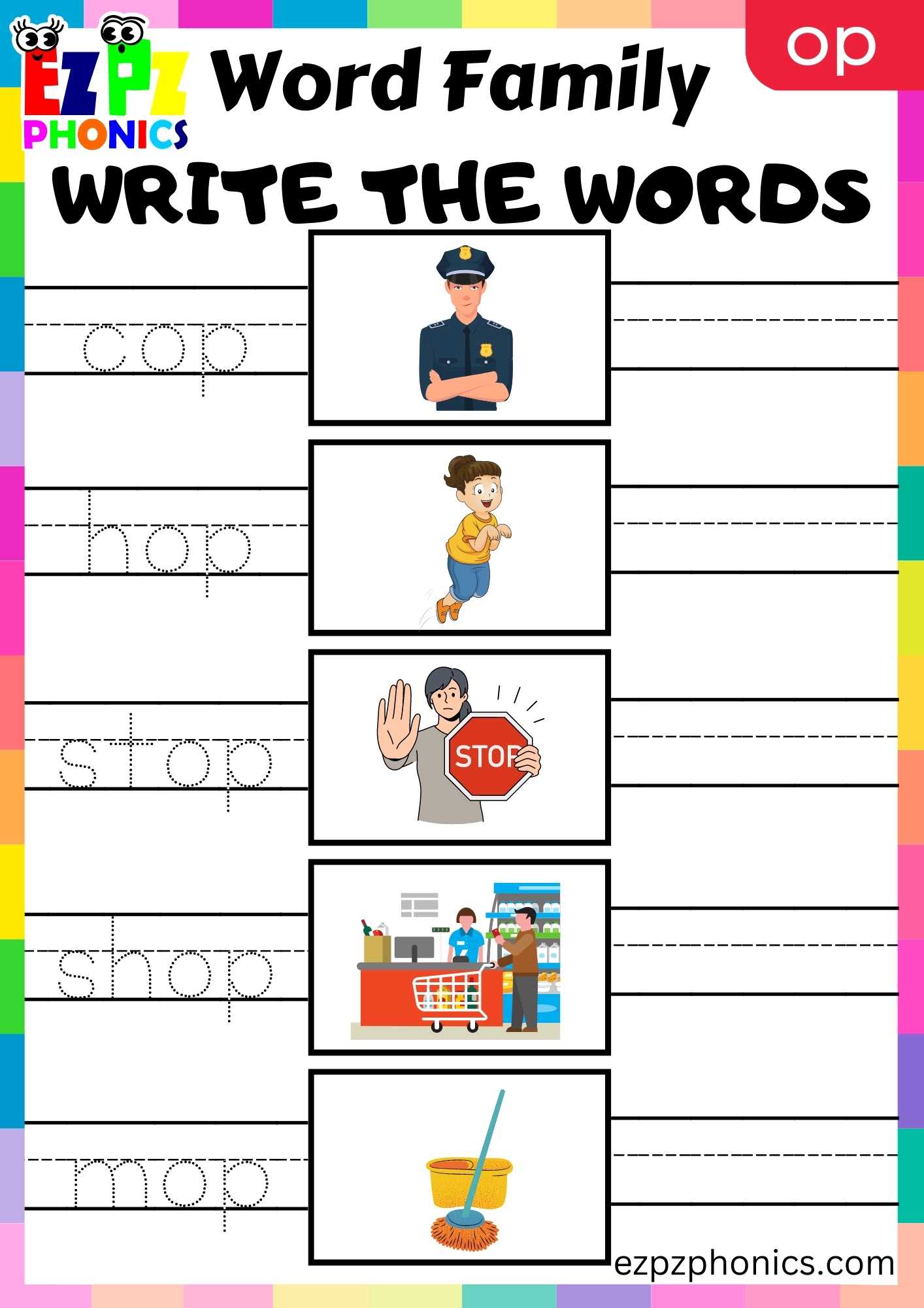 OP Words Write The Words Phonics Word Families Worksheet - ezpzphonics.com