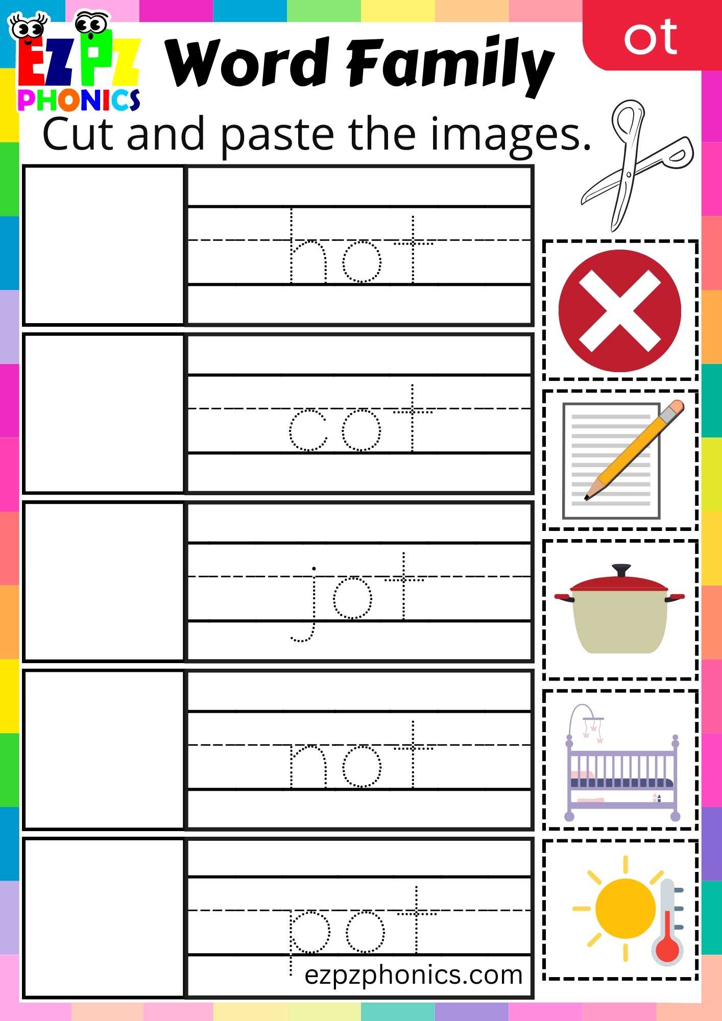 OT Words Cut And Paste The Images Phonics Word Families Worksheet ...