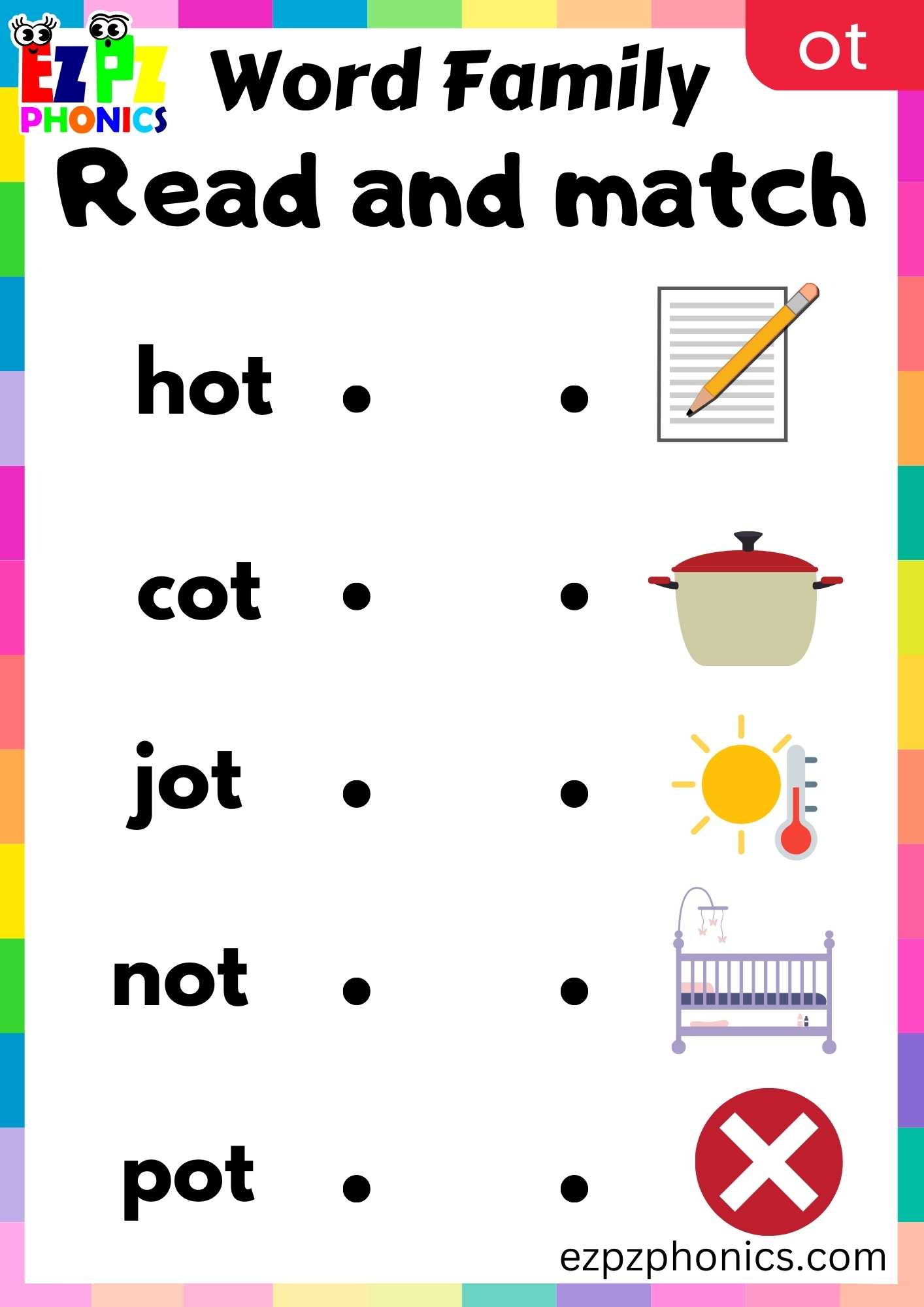 OT Words Read And Match Phonics Word Families Worksheet - ezpzphonics.com