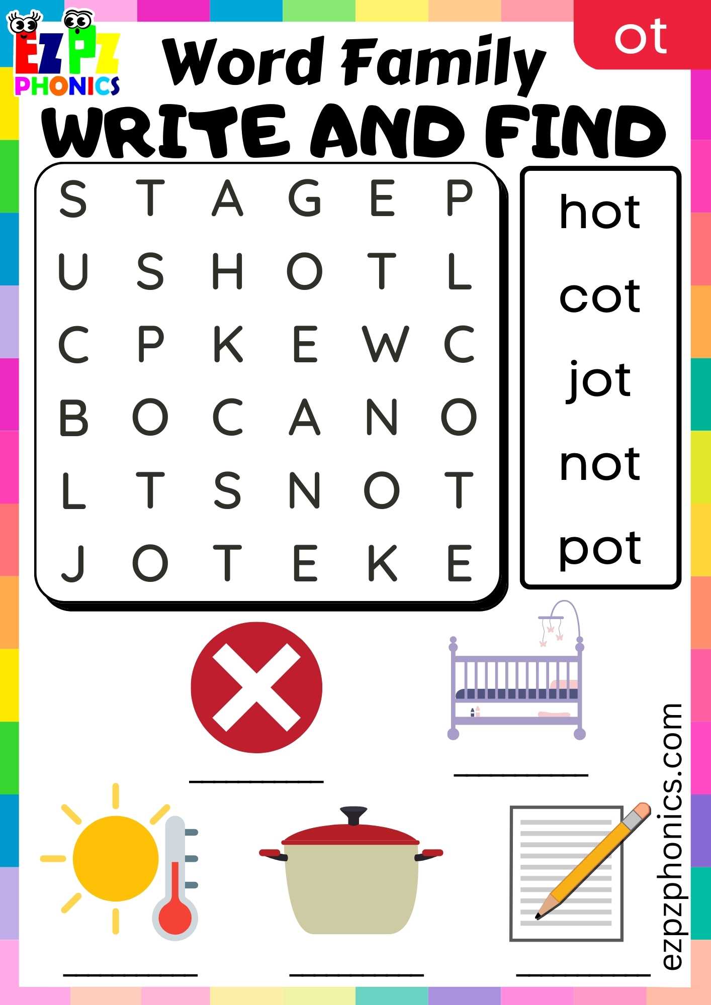 OT Words Write And Find Phonics Word Families Worksheet - ezpzphonics.com