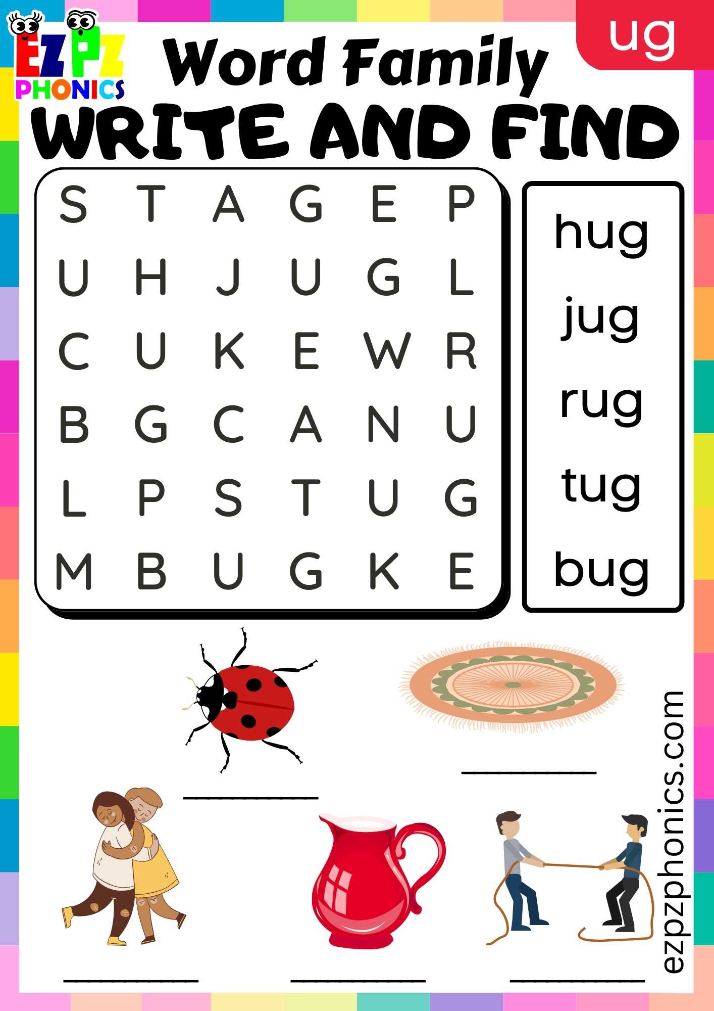 UG Words Write And Find Phonics Word Families Worksheet - ezpzphonics.com