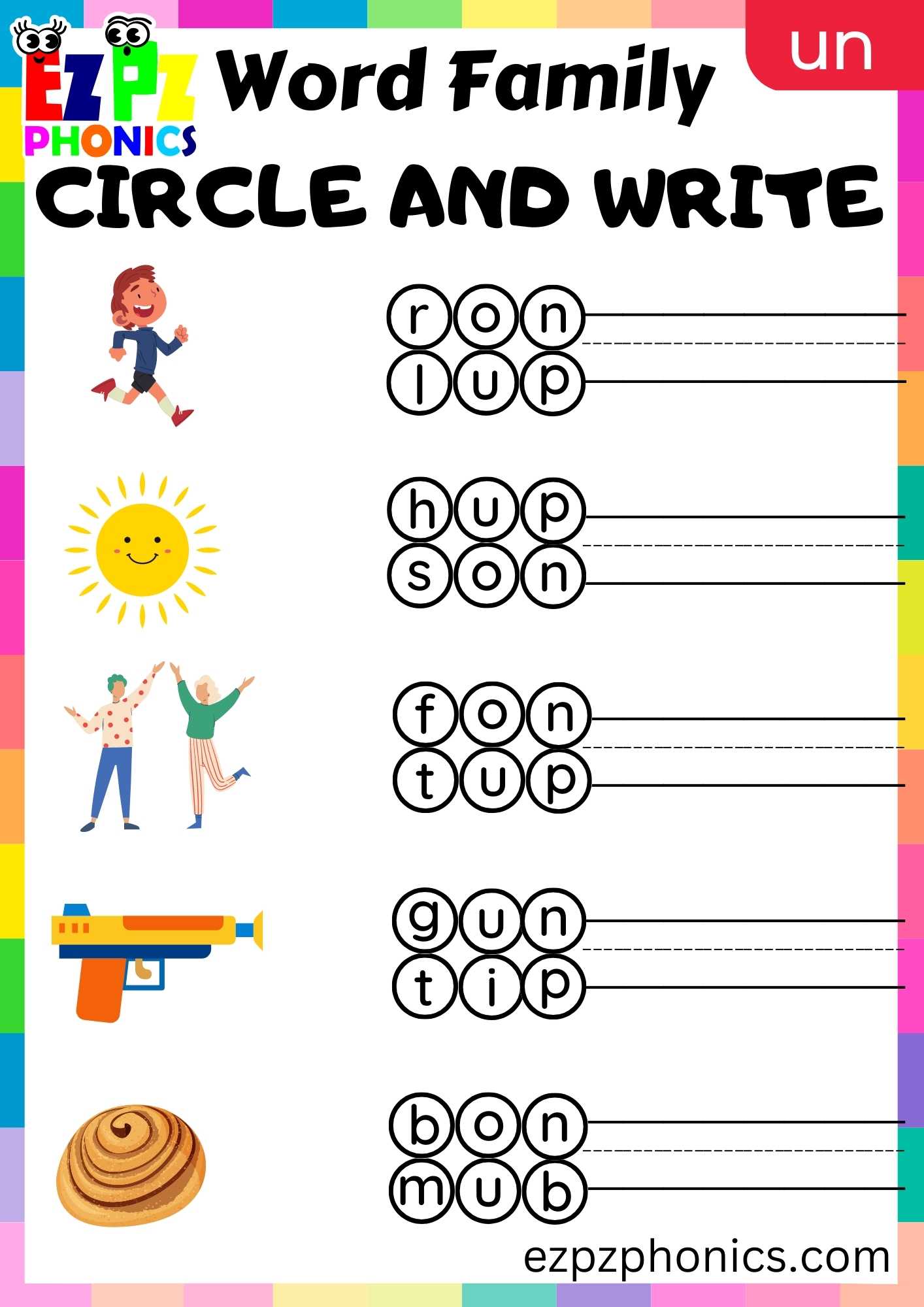 UN Words Circle And Write Phonics Word Families Worksheet - ezpzphonics.com