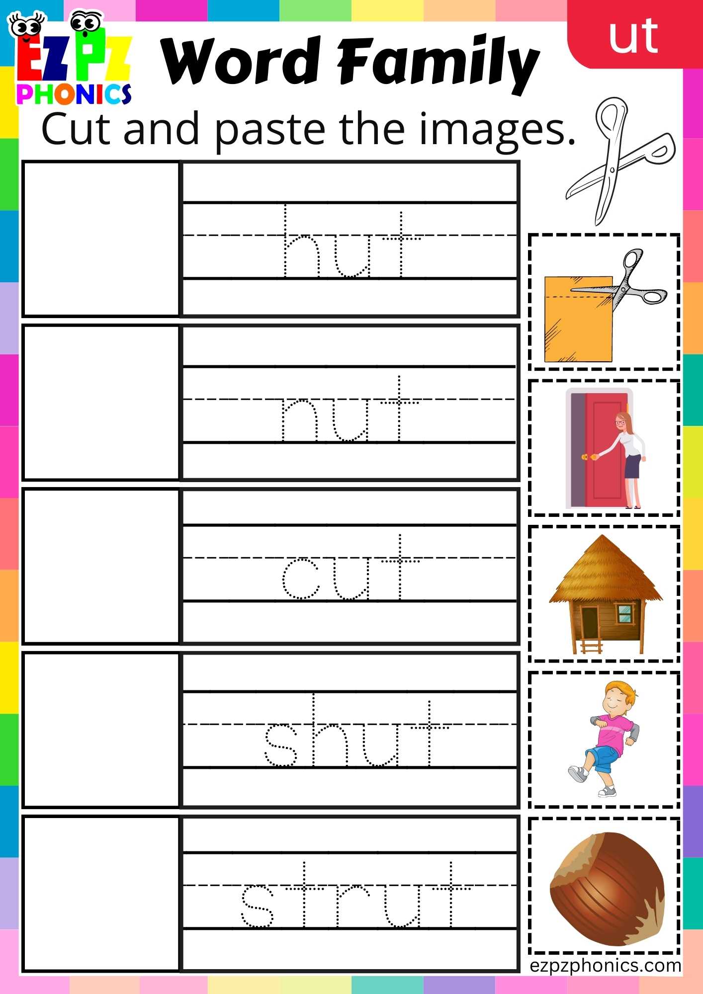 UT Words Cut And Paste The Images Phonics Word Families Worksheet ...