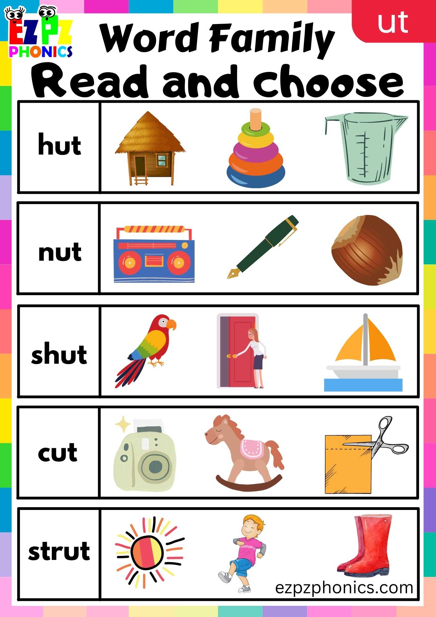 UT Words Read And Choose Phonics Word Families Worksheet - ezpzphonics.com