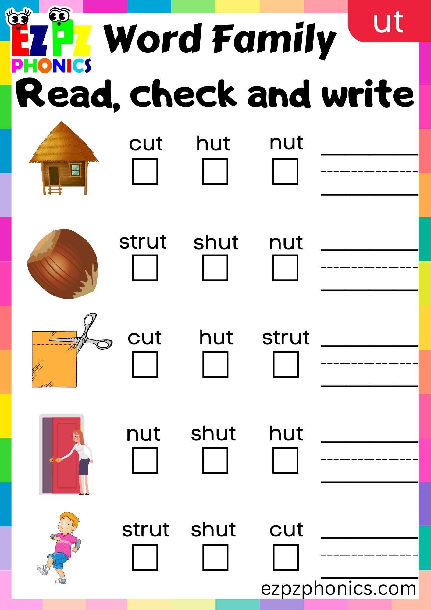 UT Words Read, Check And Write Phonics Word Families Worksheet ...