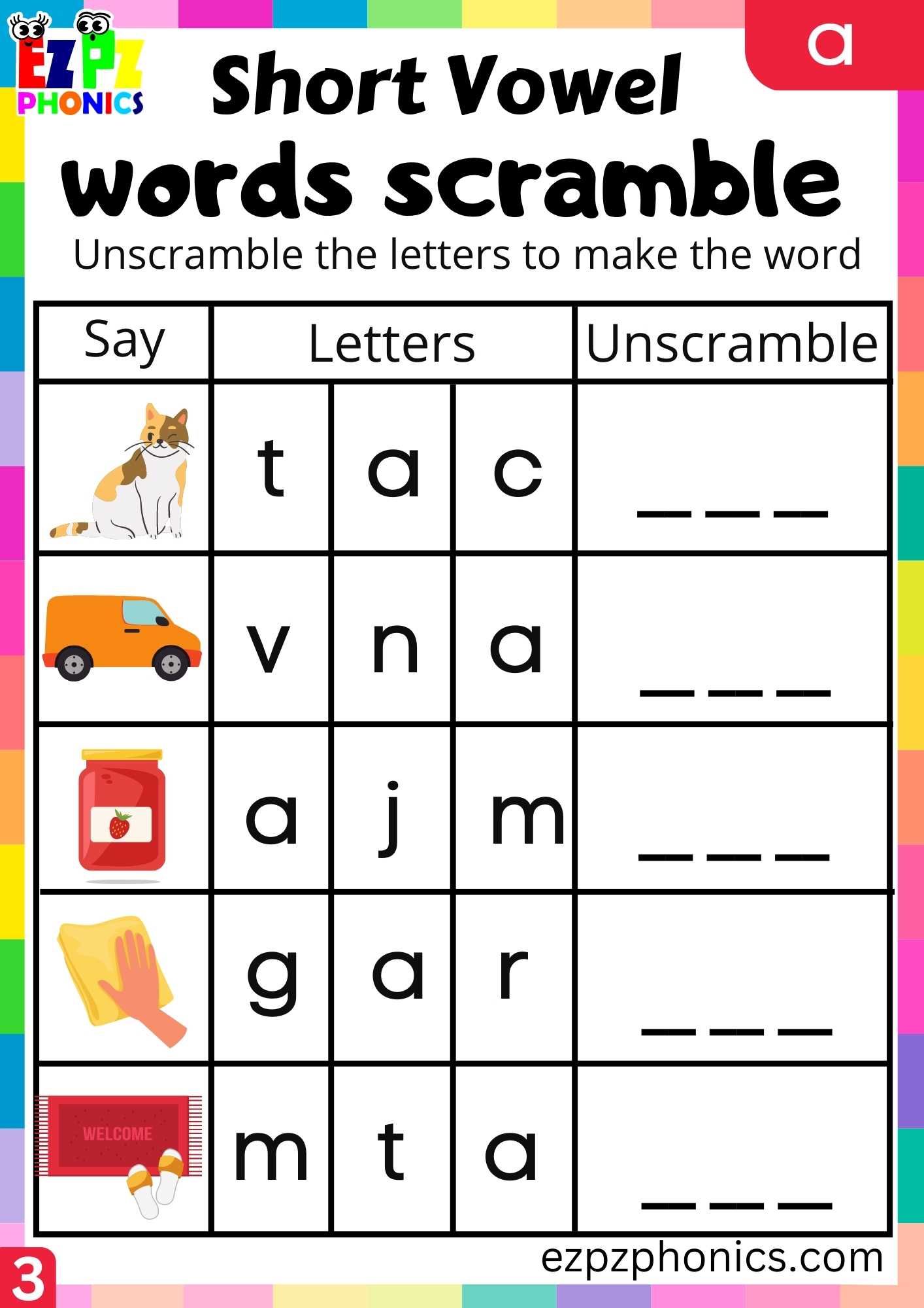 A Short Vowel Sound CVC Words - ezpzphonics.com
