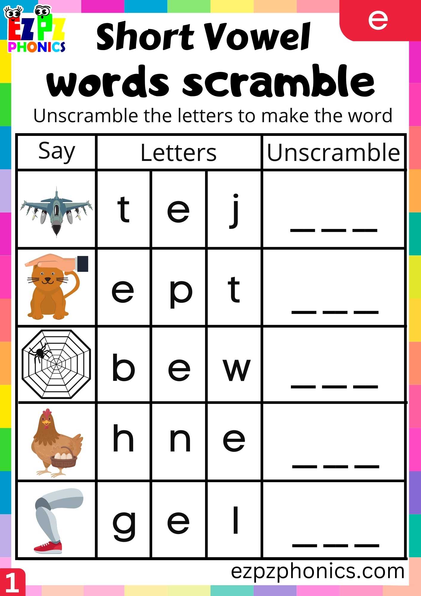 E Short Vowel Sound CVC Words - ezpzphonics.com