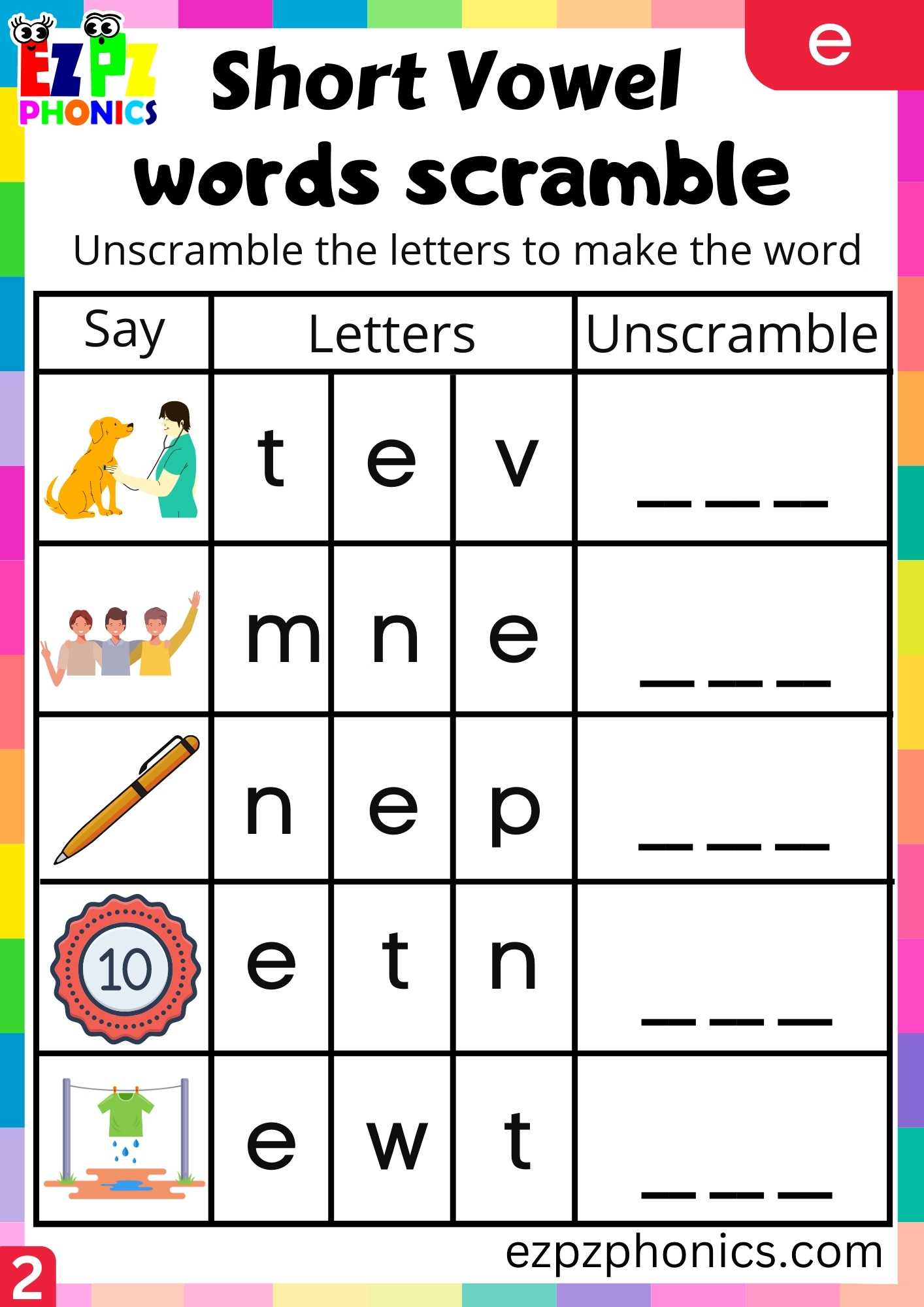 Group2 E Words Words Scramble Short Vowel CVC Words - ezpzphonics.com