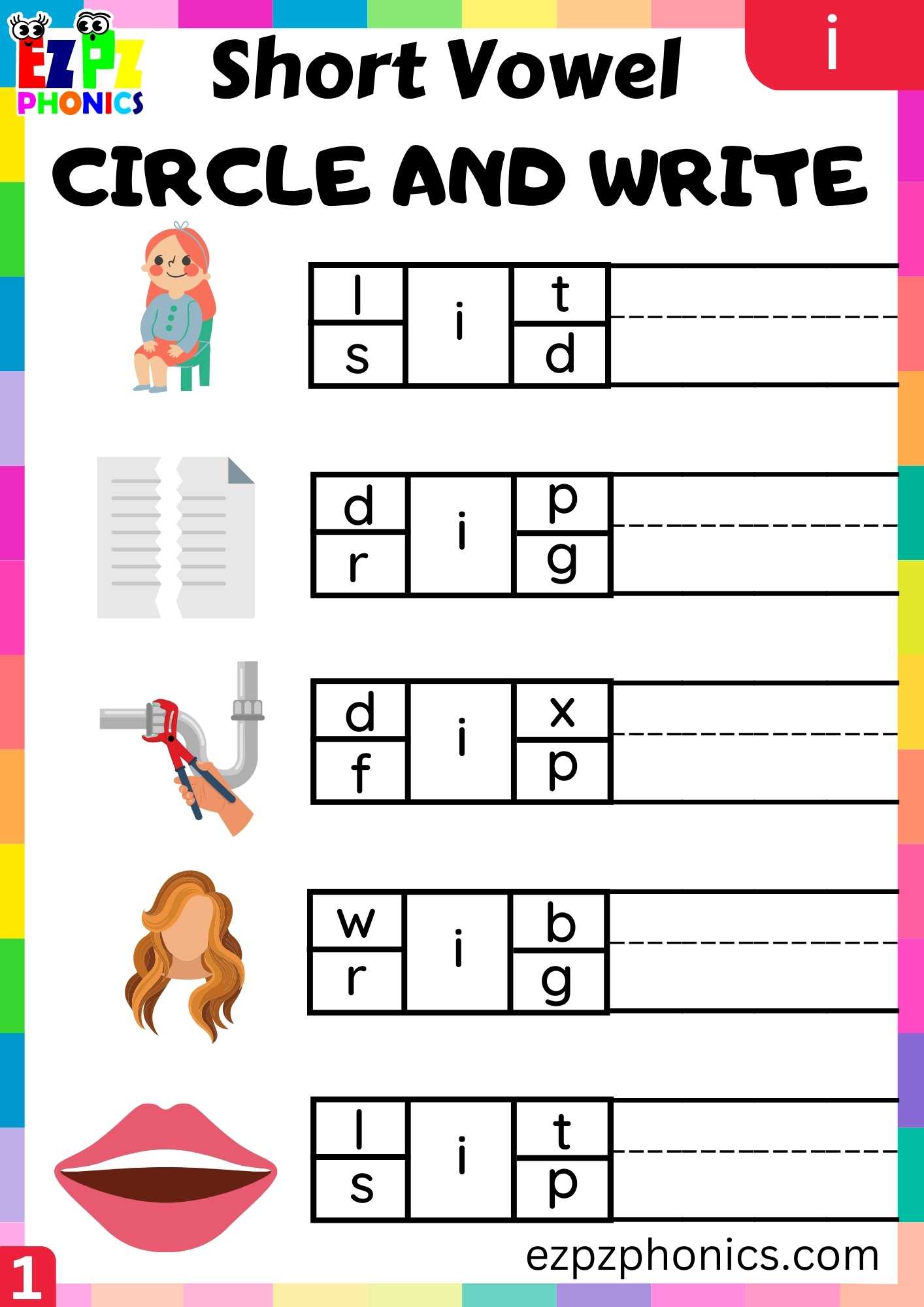 Group1 I Words Circle And Write Short Vowel CVC Words Worksheet ...