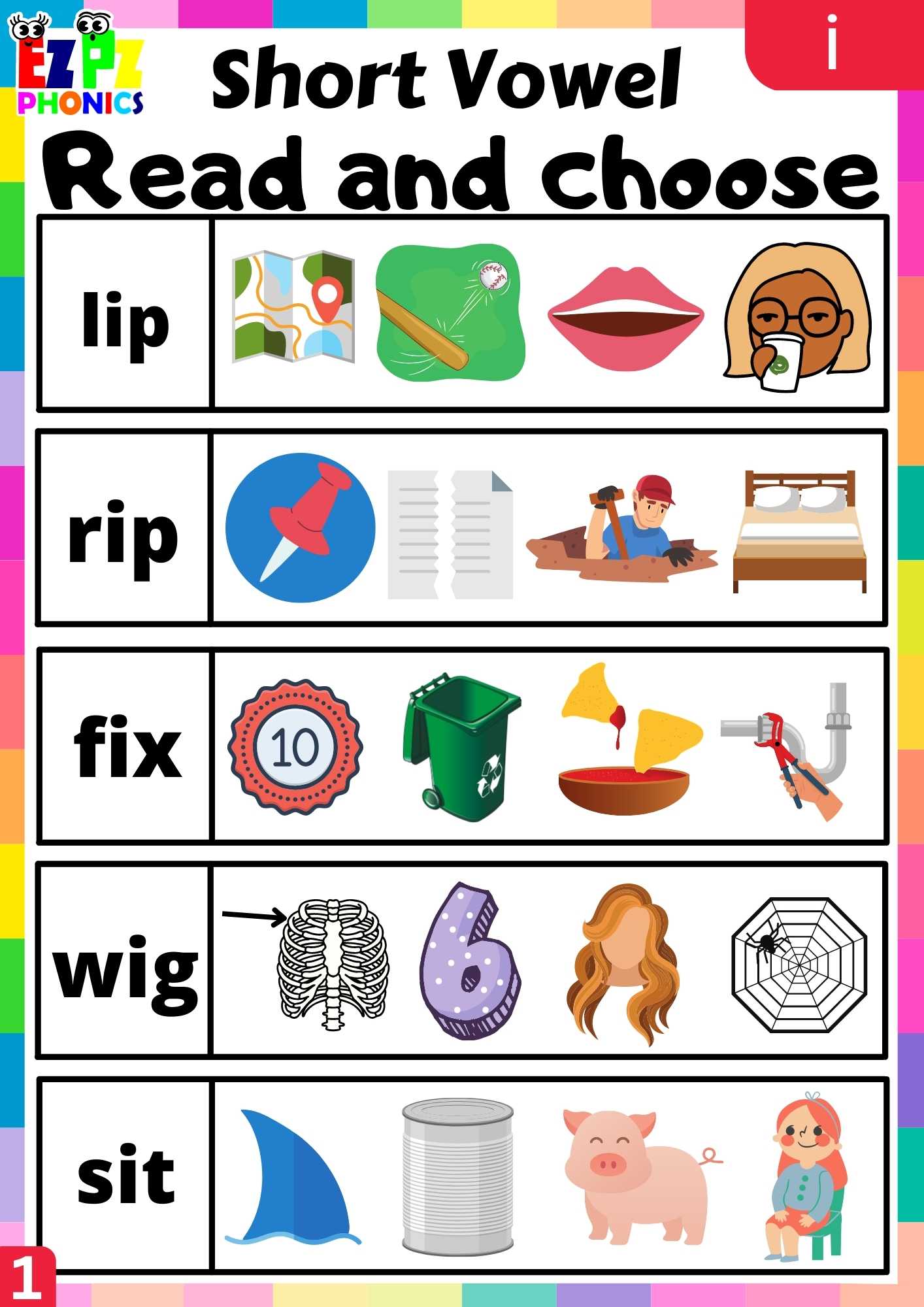 Group1 I Words Read And Choose Short Vowel CVC Words Worksheet ...